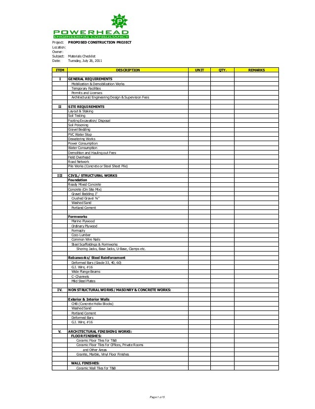 67140868 Materials checklist for construction projects 67140868 Materials checklist for construction projects