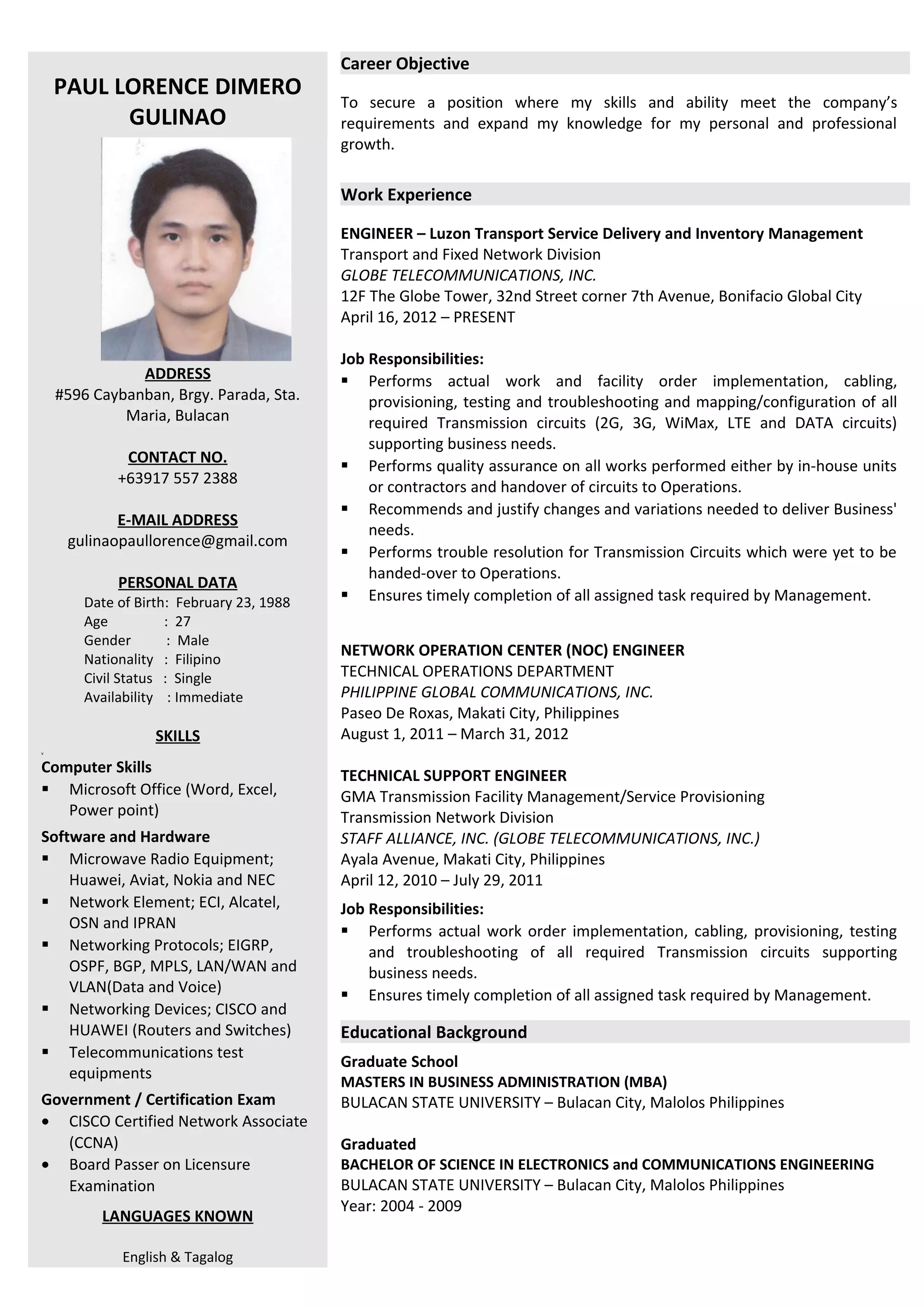 CV Paul Lorence Gulinao | PDF