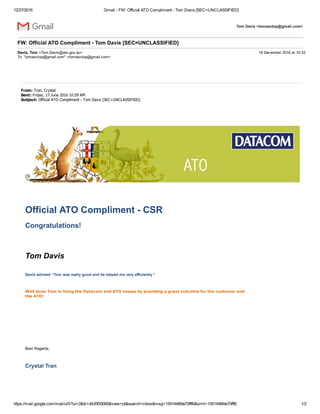 Gmail - FW_ Official ATO Compliment - Tom Davis [SEC=UNCLASSIFIED] | PDF