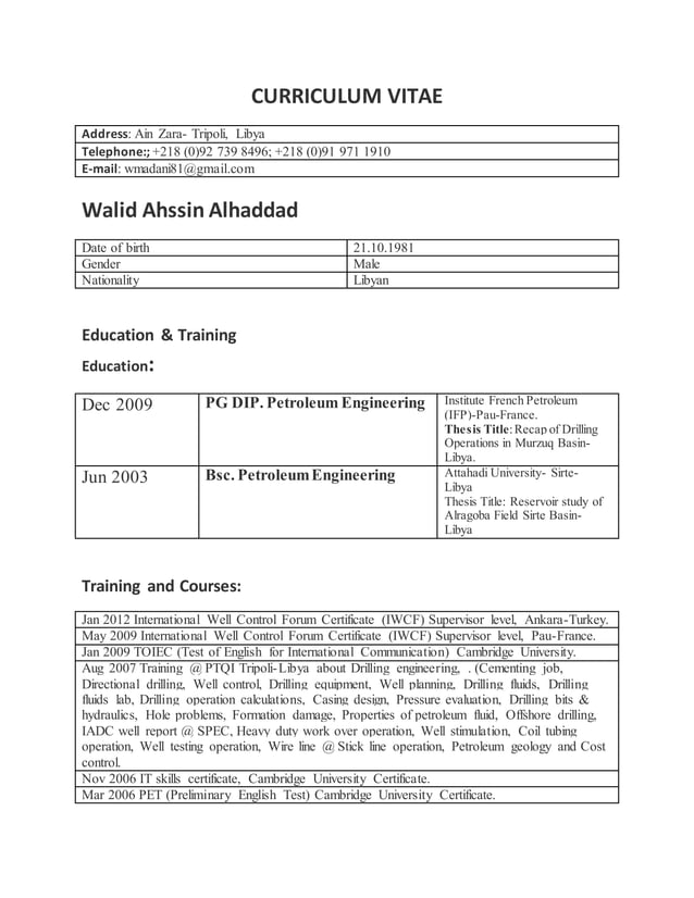 CURRICULUM VITAE Walid Alhaddad Drilling Supervisor | PDF