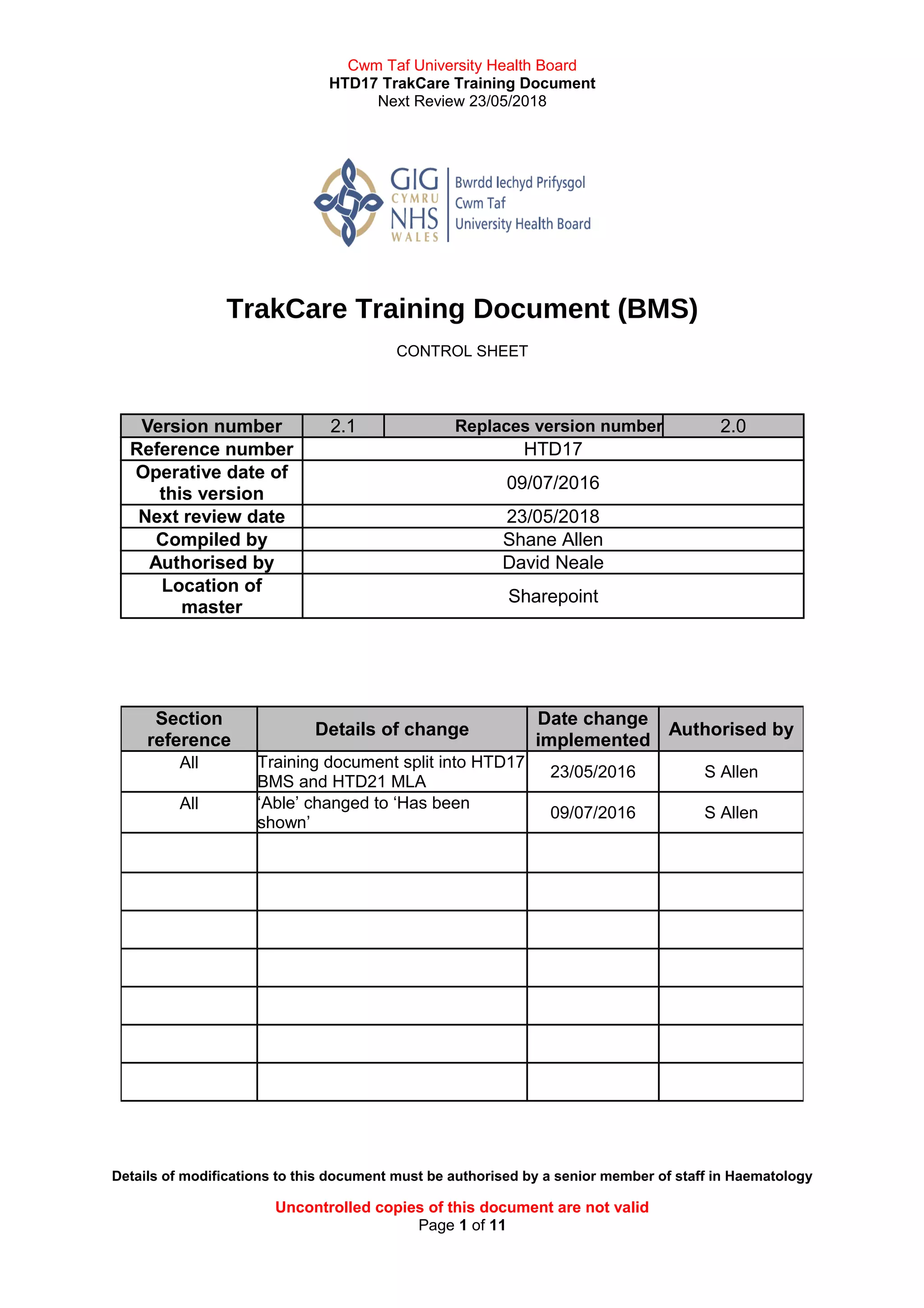 TrakCare Training Document BMS | DOC