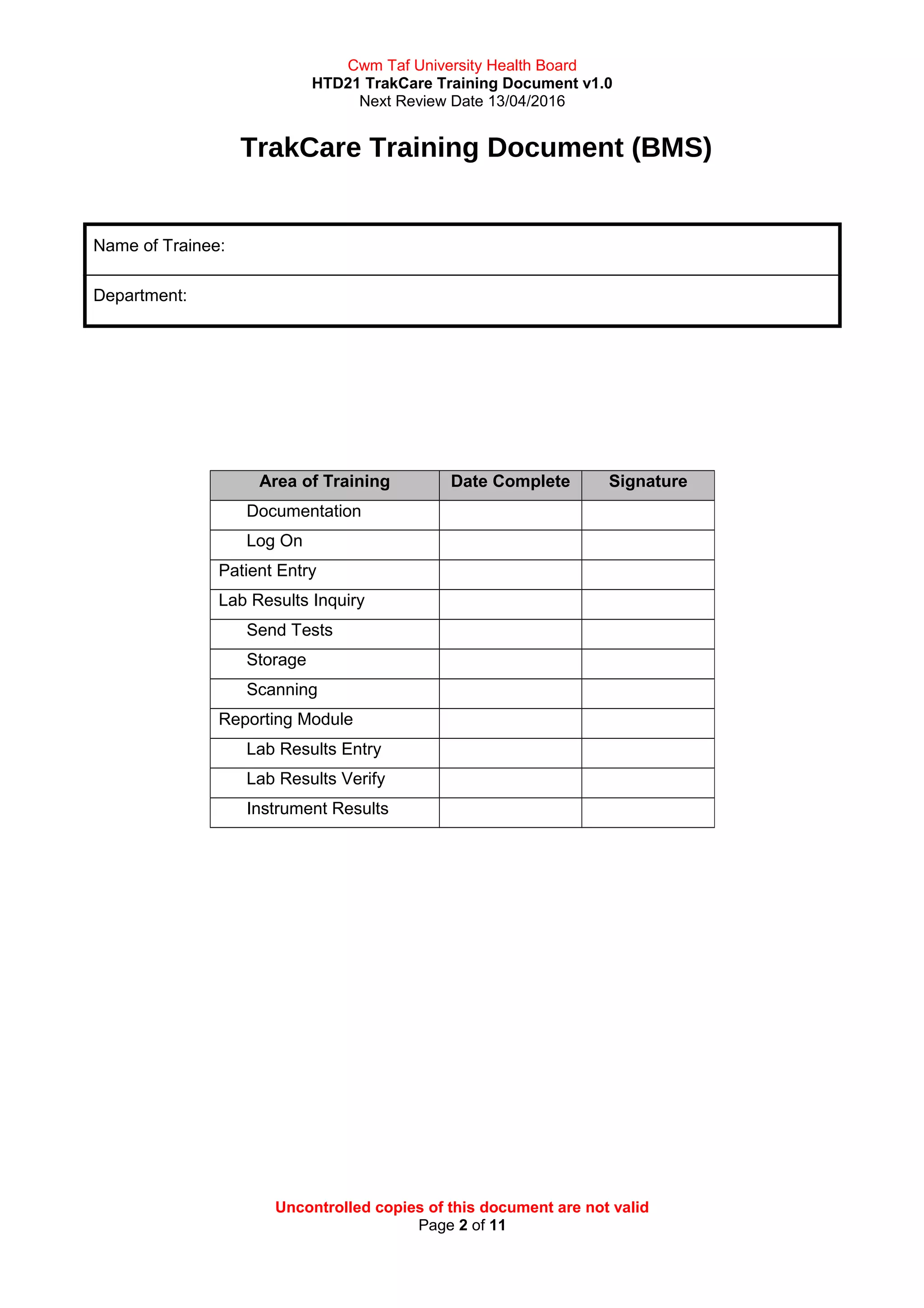 TrakCare Training Document BMS | DOC