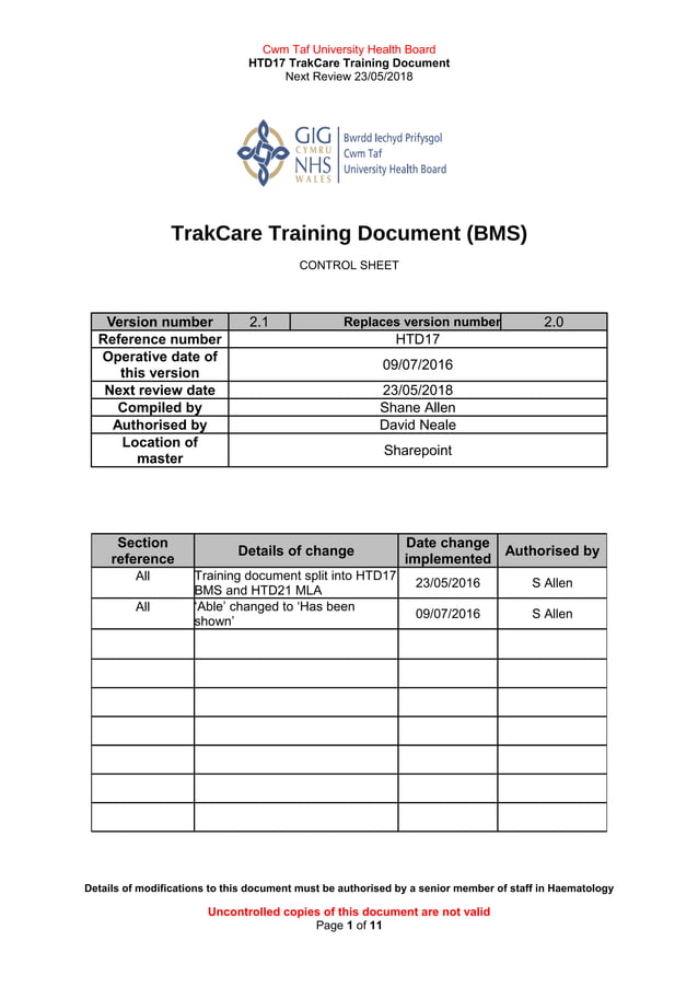 TrakCare Training Document BMS | DOC