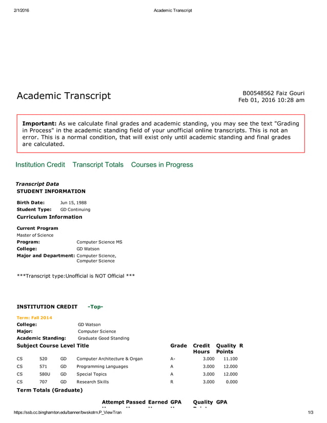 Academic Transcript | PDF