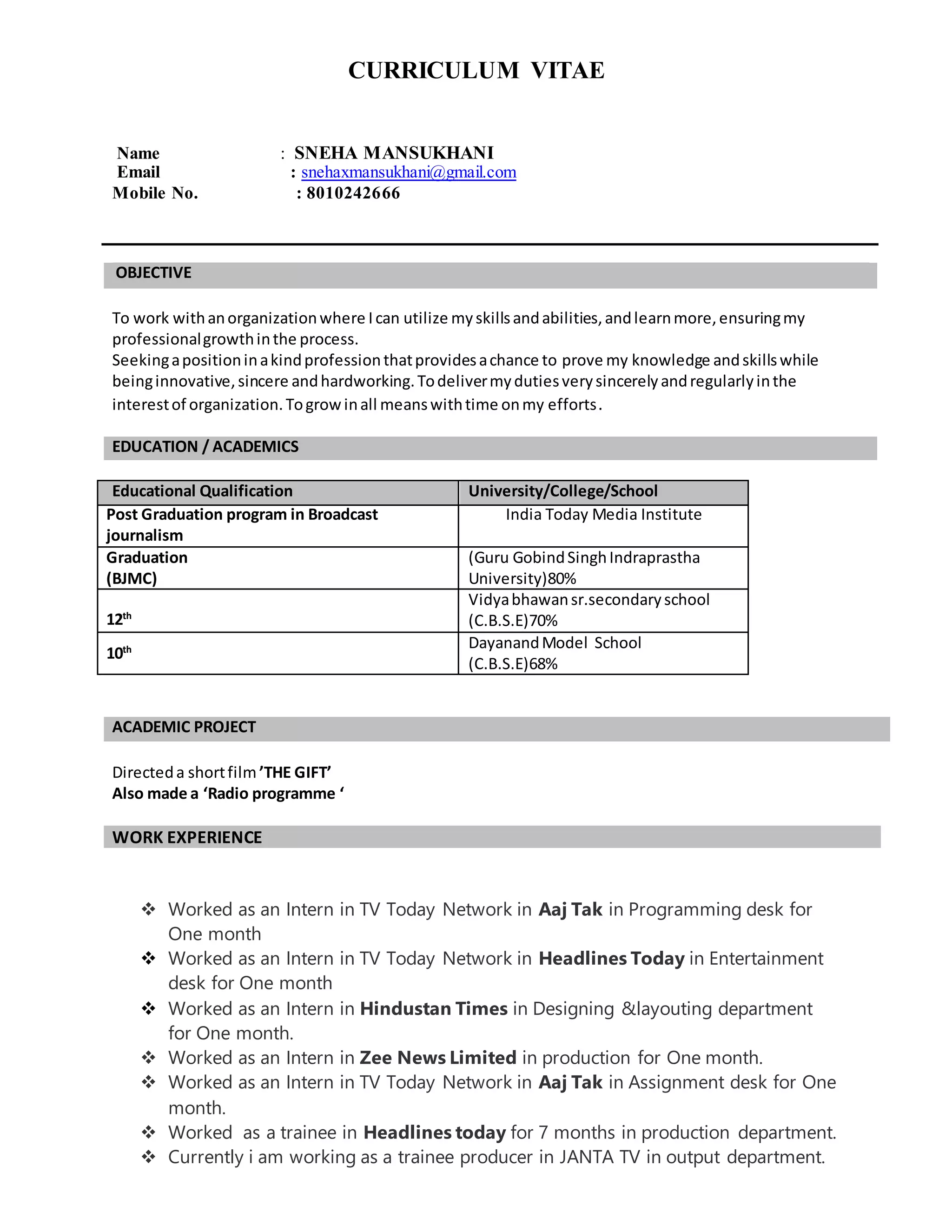 NEW UPDATED CV OF SNEHA MANSUKHANI | DOC | Education