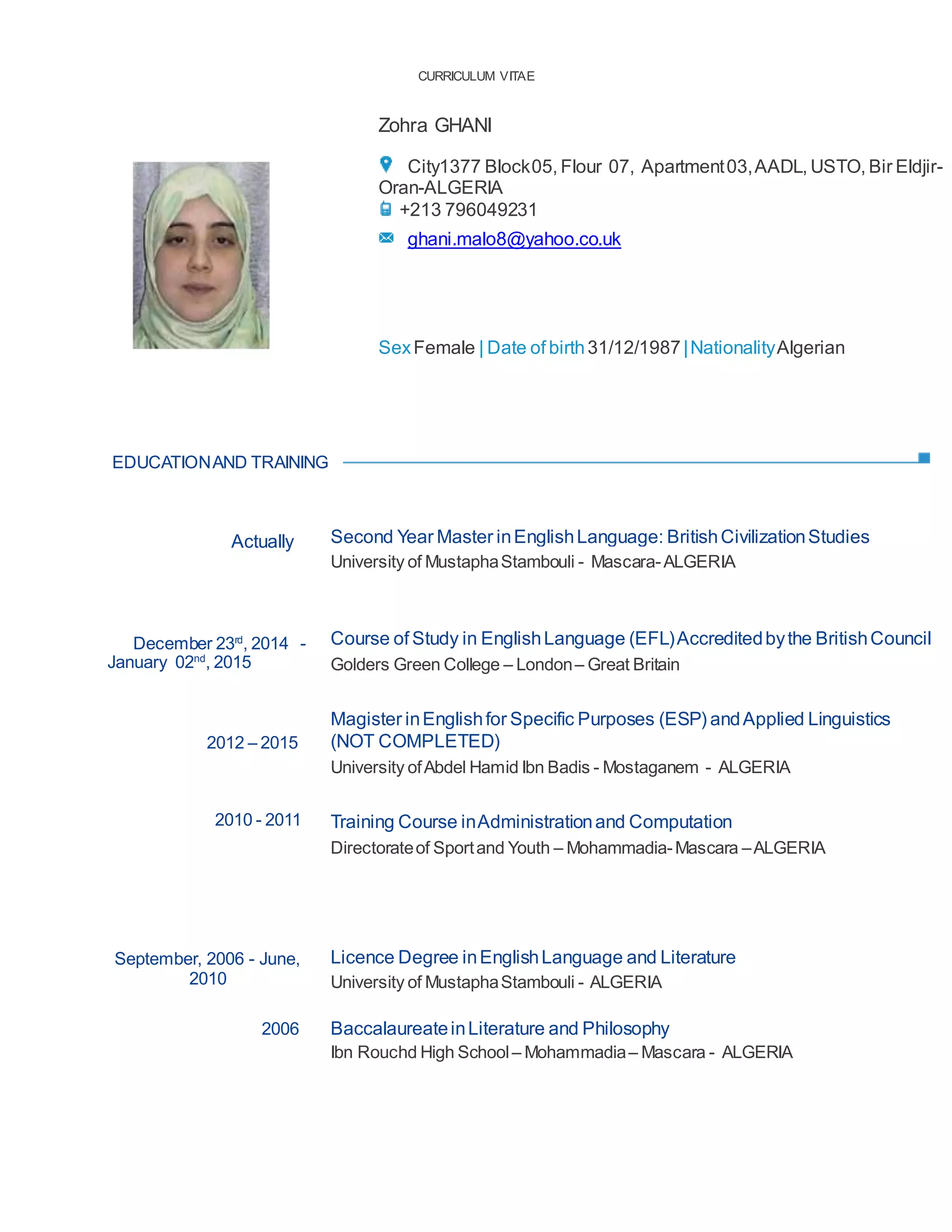 Zohra GHANI CV english | PDF