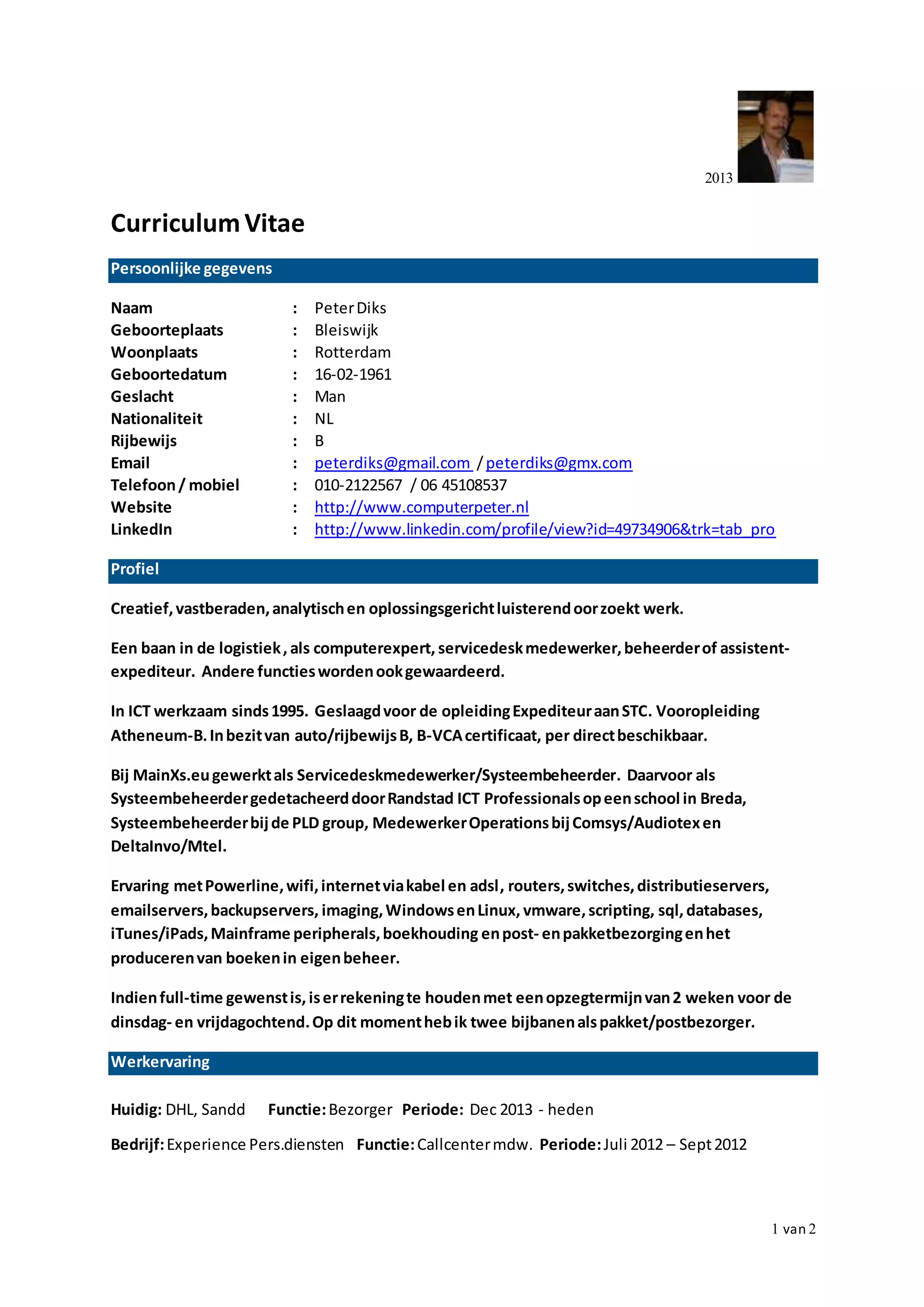 CVPeter Diks2014Beknopt | PDF