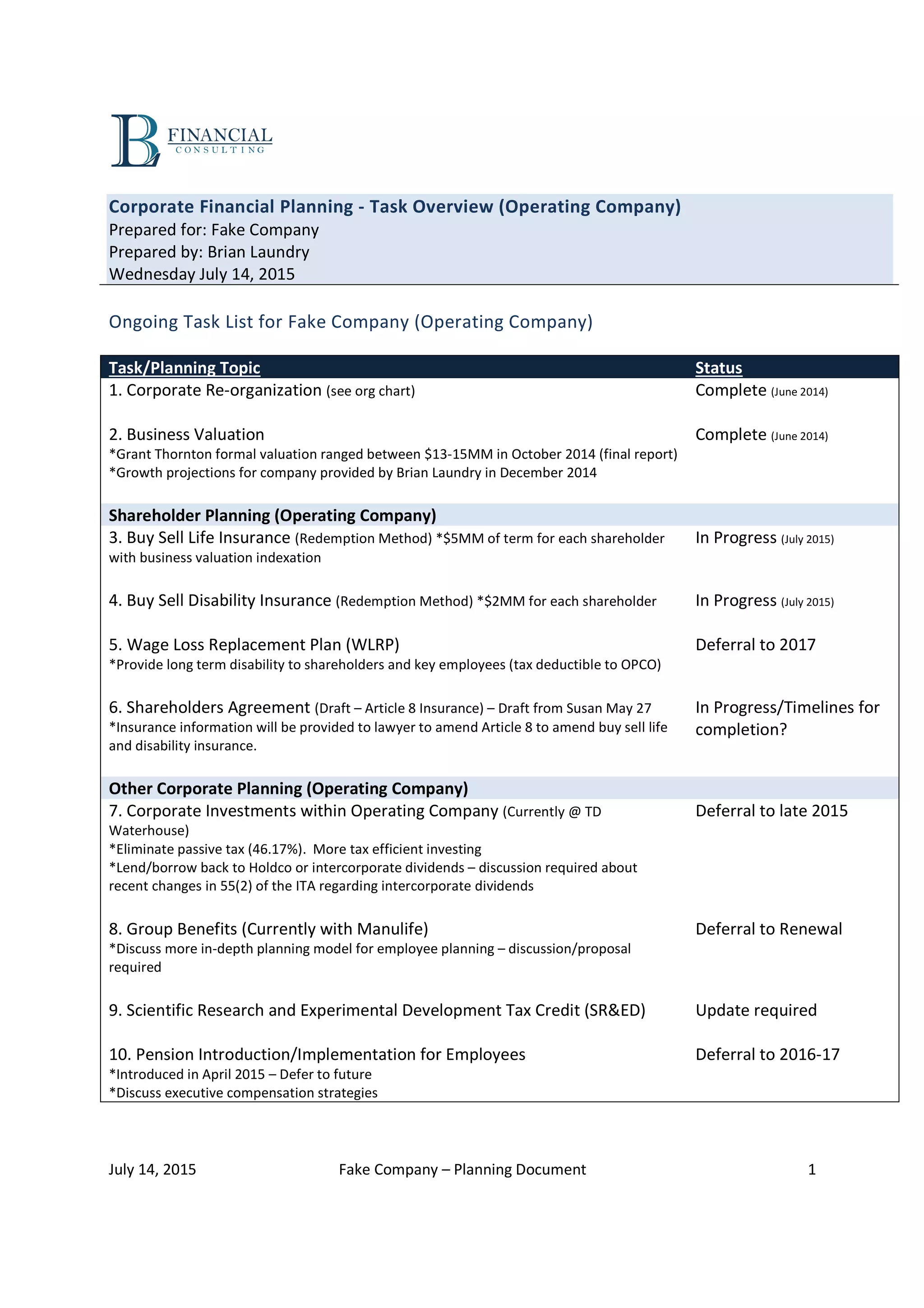 Planning Document SAMPLE July 2015 | PDF