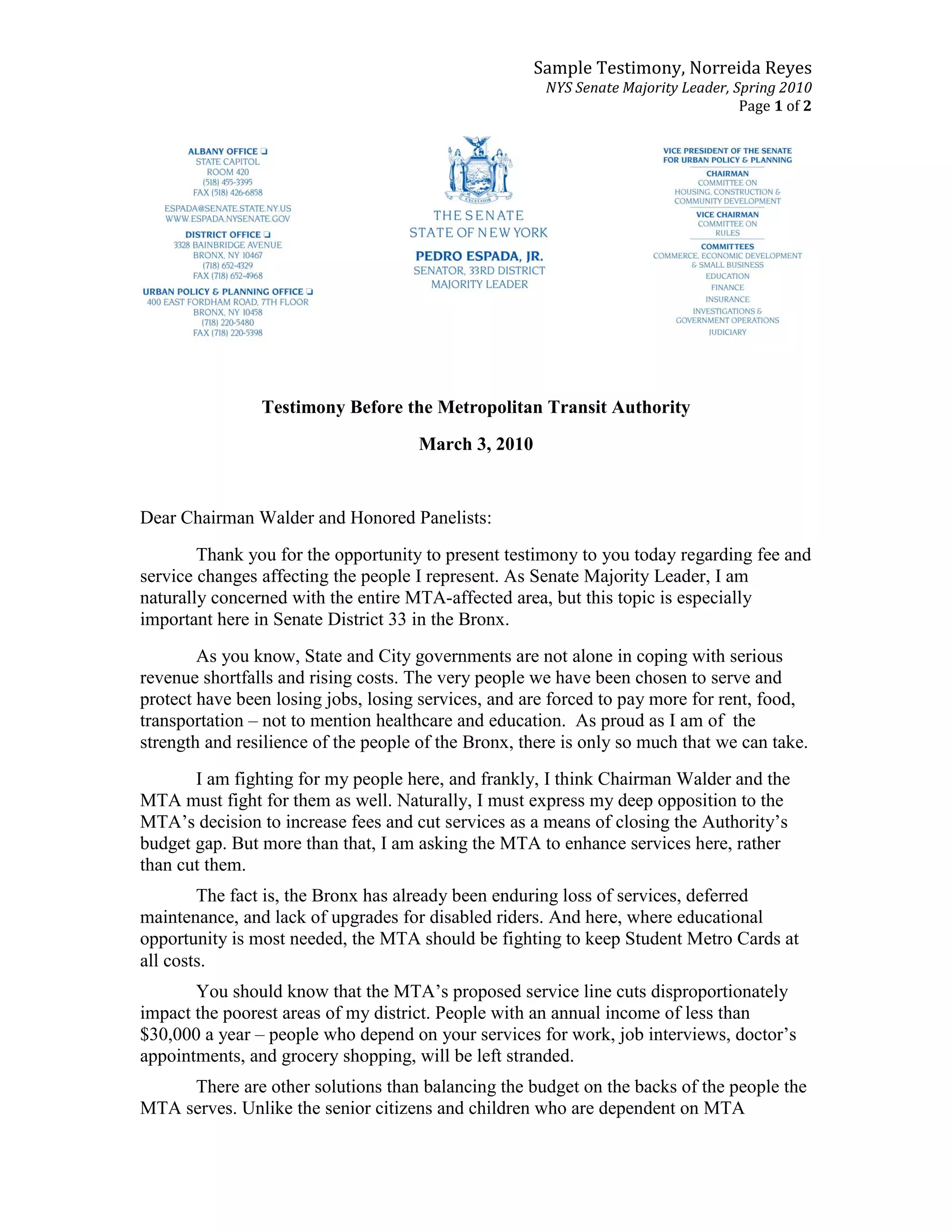 Reyes.Norreida.Testimony.030410 | PDF
