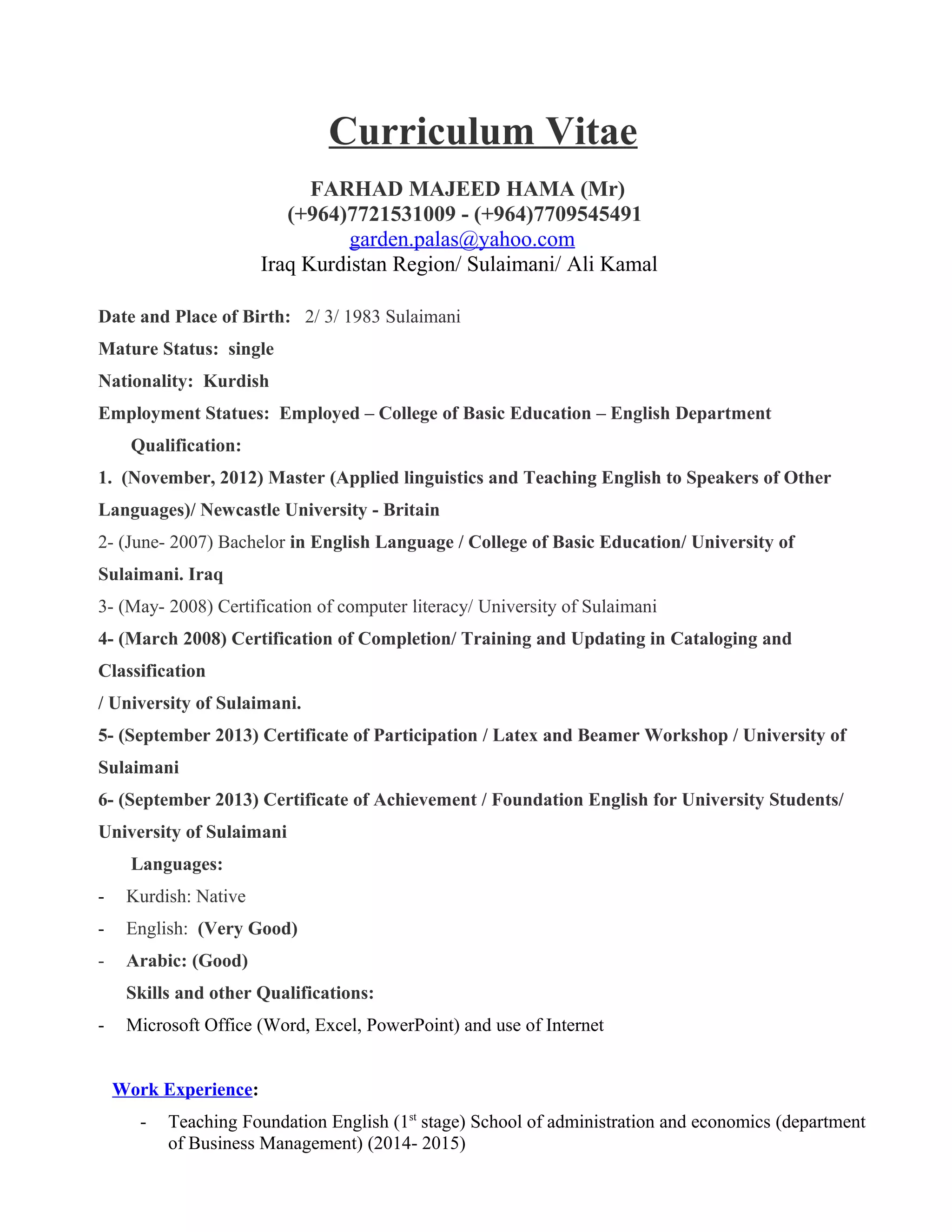 NEWCV Farhad Majeed Hama | DOC