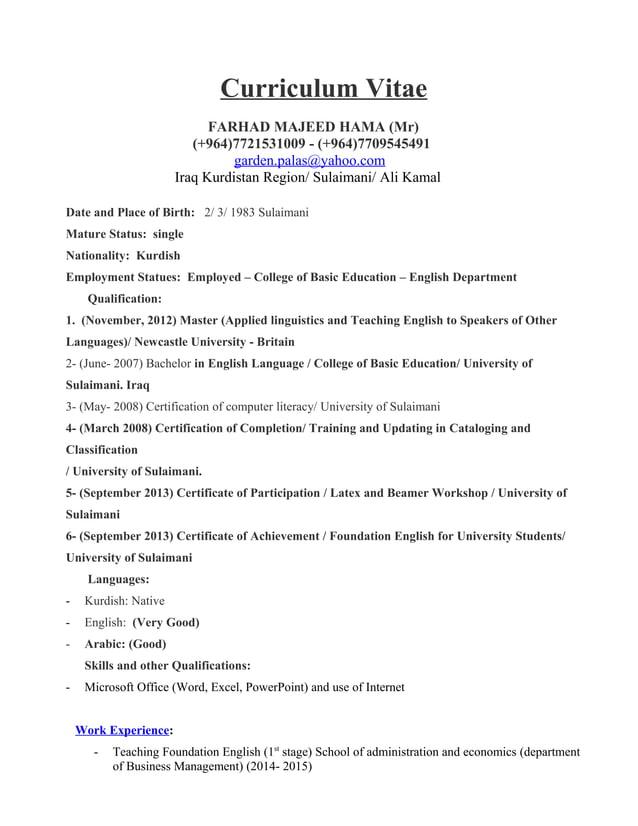 NEWCV Farhad Majeed Hama | DOC | Education