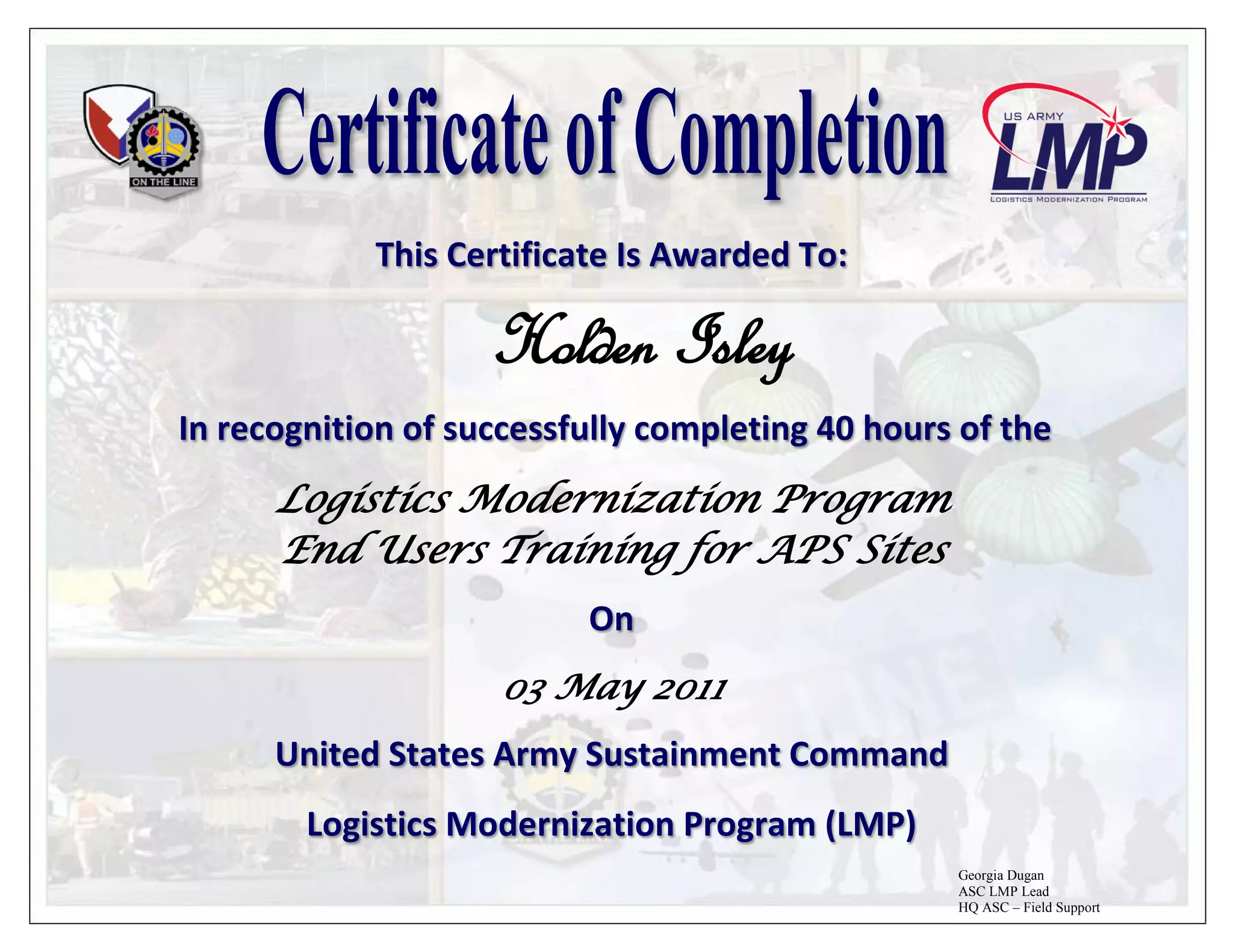 HOLDEN ISLEY LMP CERTIFICATE MAY 2011 | PDF