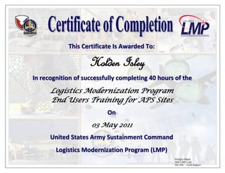 HOLDEN ISLEY LMP CERTIFICATE MAY 2011 | PDF | Logistics | Business