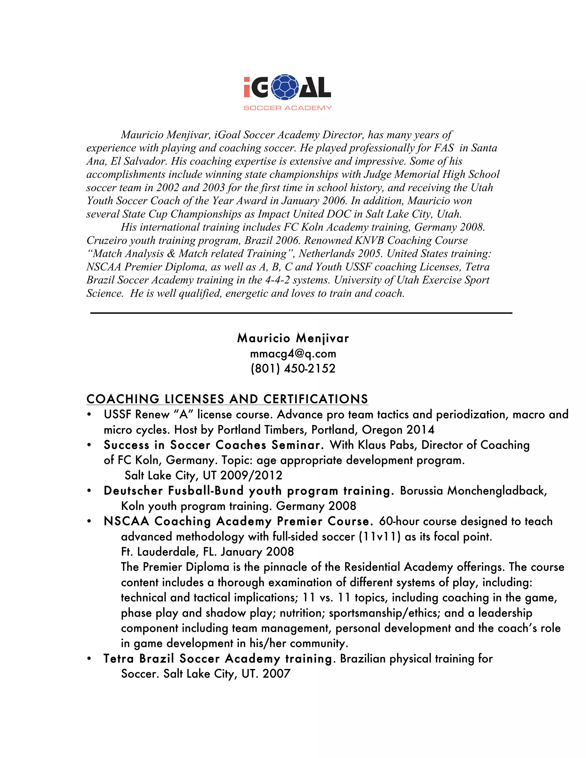 Mauricio iGoal Resume 2015rev | PDF