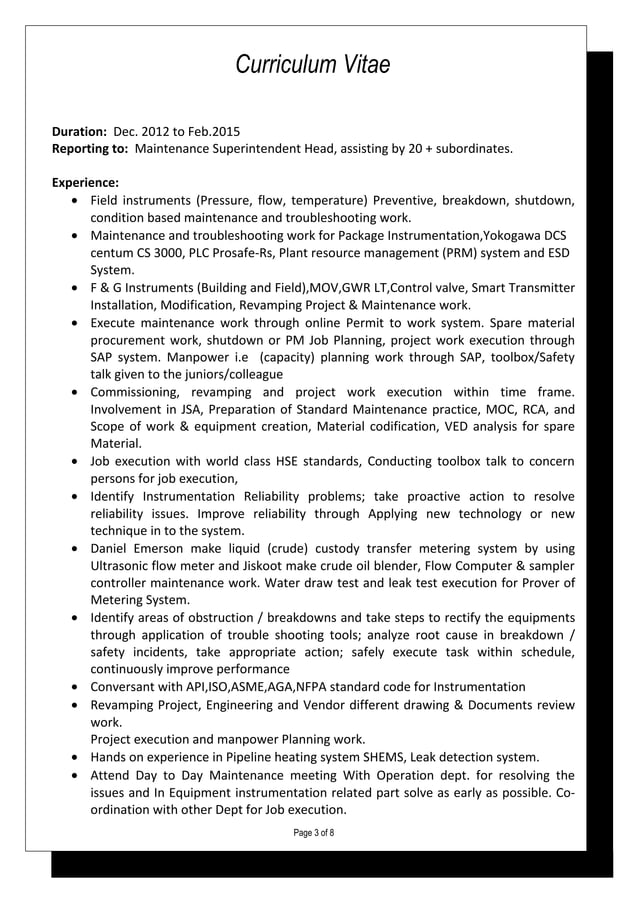 Instrument engineer CV | DOC | Business | Business and Finance