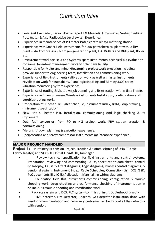 Instrument engineer CV | DOC | Business | Business and Finance