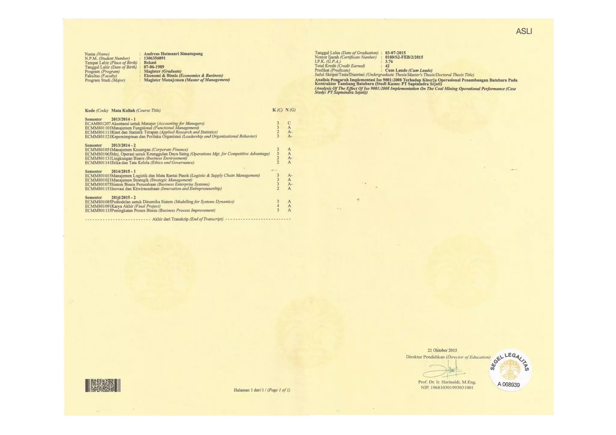 Master Transcript_Andreas Hotmanri Simatupang | PPT