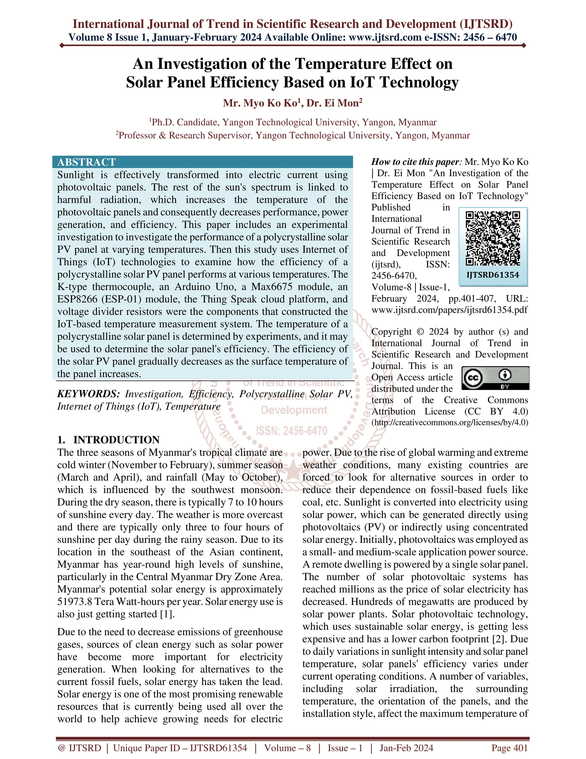 An Investigation of the Temperature Effect on Solar Panel Efficiency Based on IoT Technology | PDF