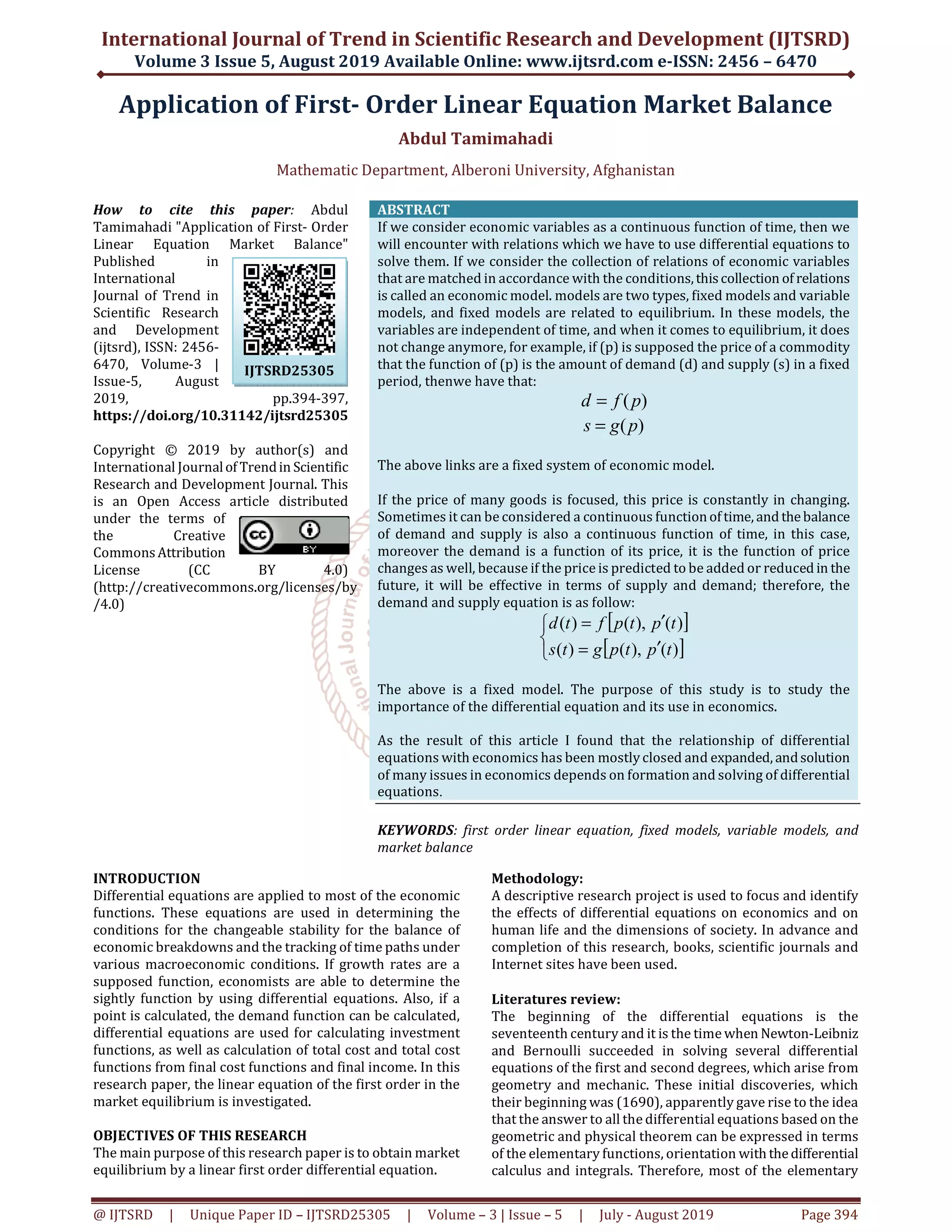 Application of First Order Linear Equation Market Balance | PDF
