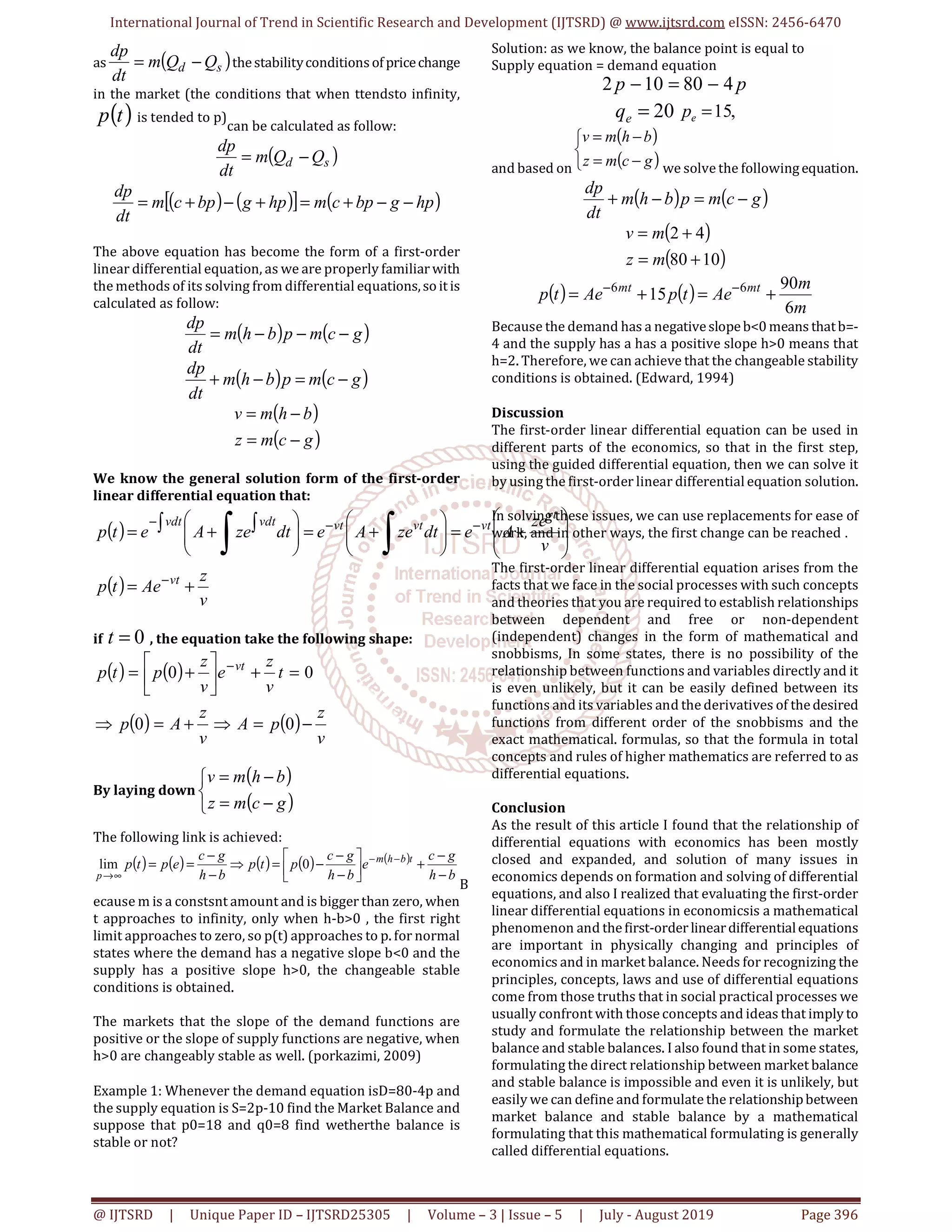 Application of First Order Linear Equation Market Balance | PDF