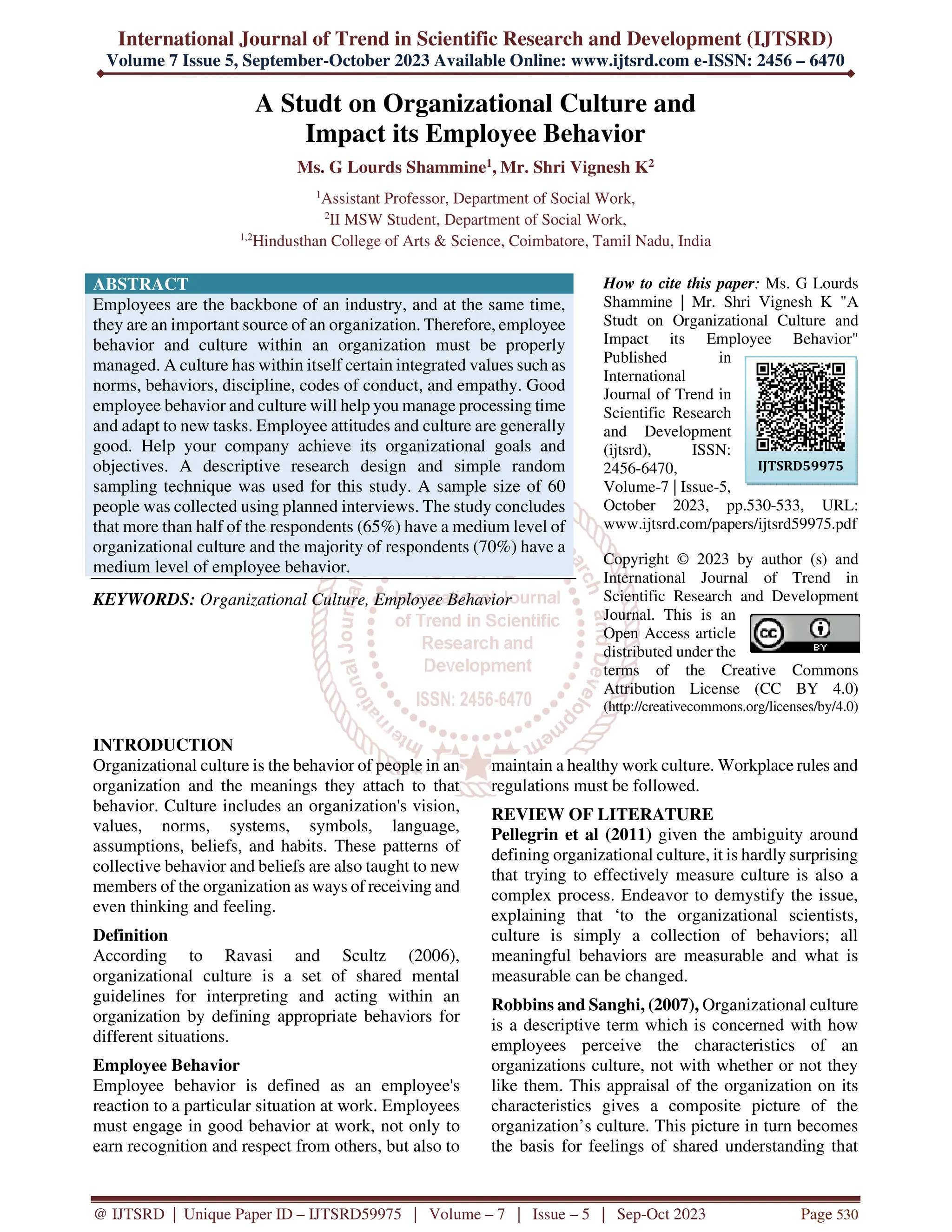 A Studt on Organizational Culture and Impact its Employee Behavior | PDF