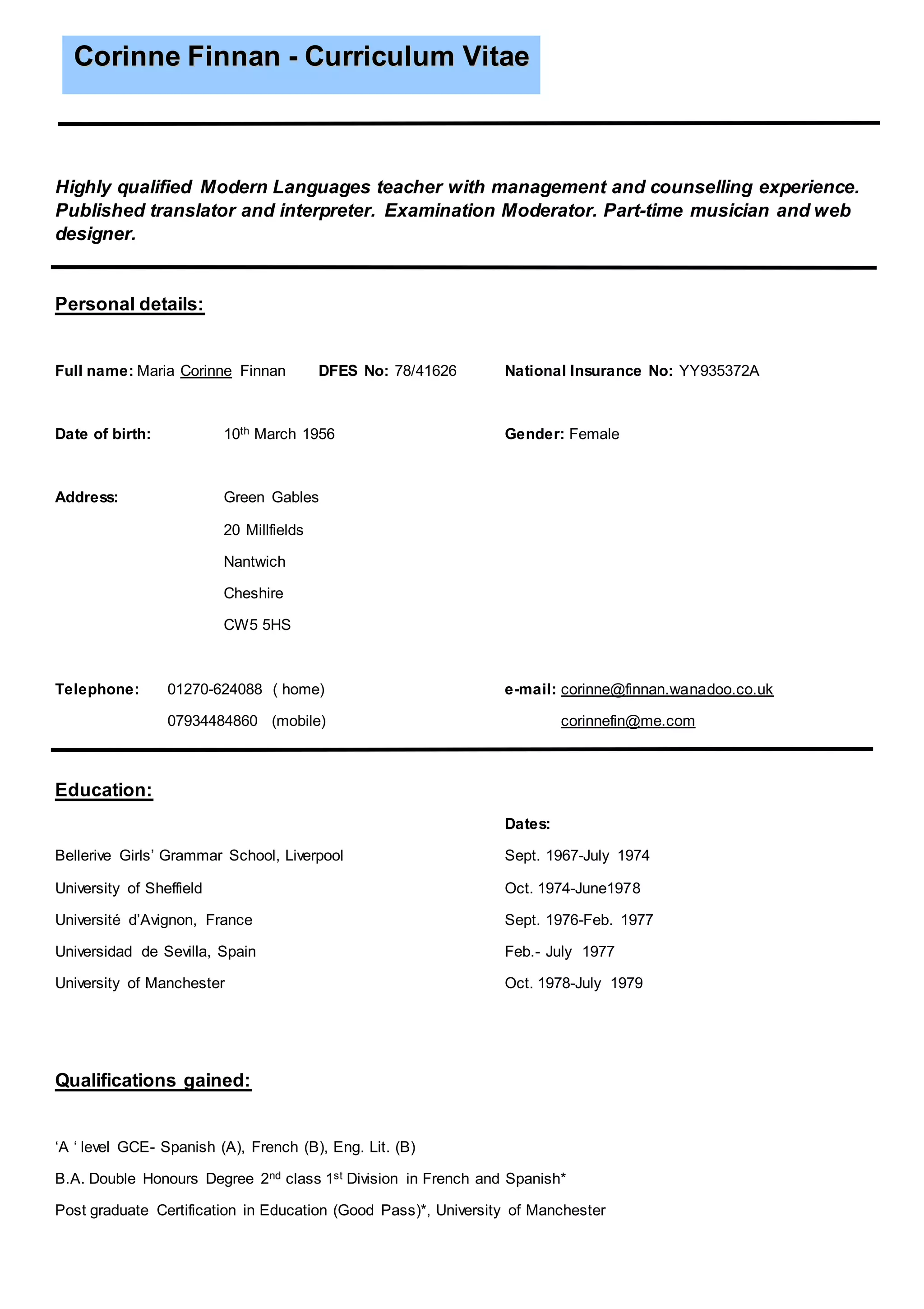 CV Corinne Finnan 2015 new format | DOCX