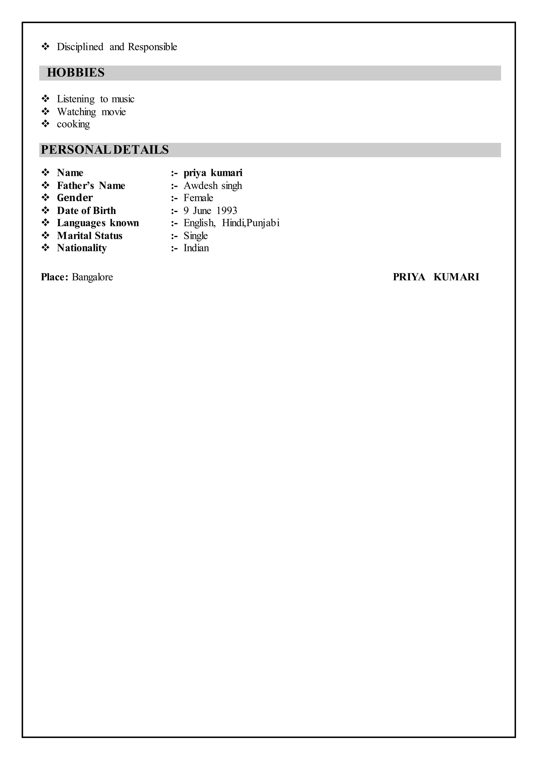 RESUME OF PRIYA KUMARI | DOCX