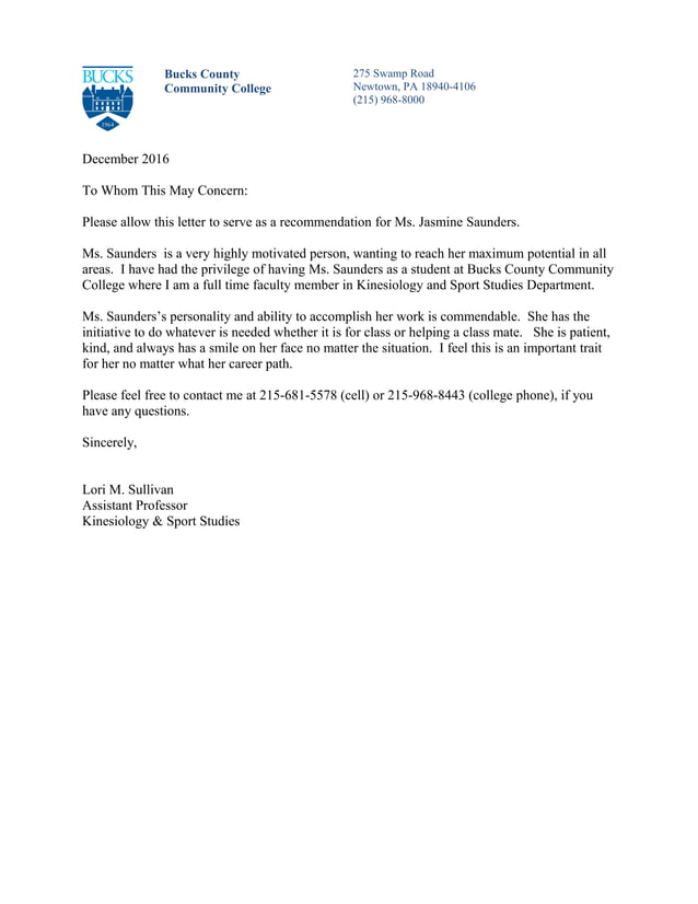 Jasmine Saunders recom. letter | PDF Jasmine Saunders recom. letter | PDF