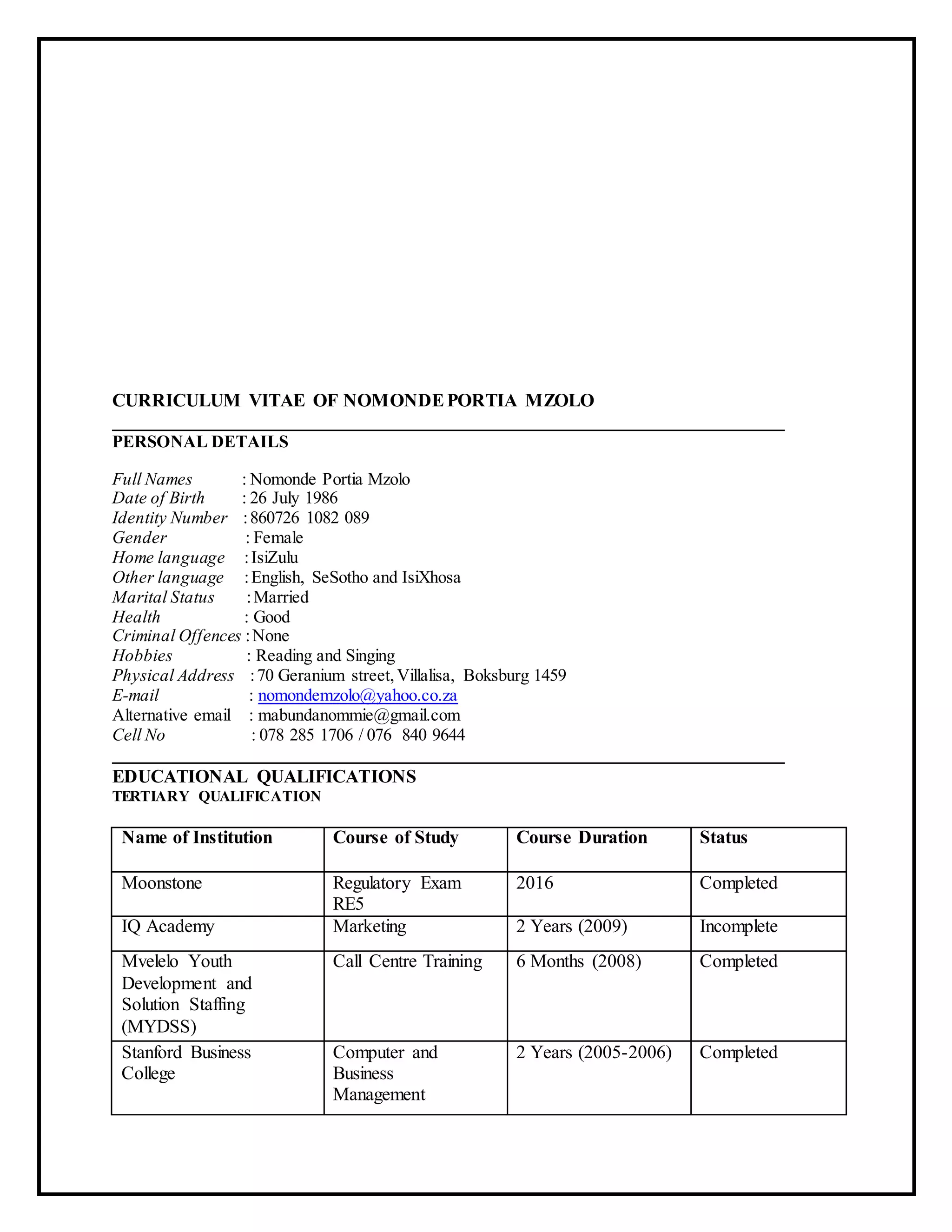 Nomonde Mzolo's CV | DOCX