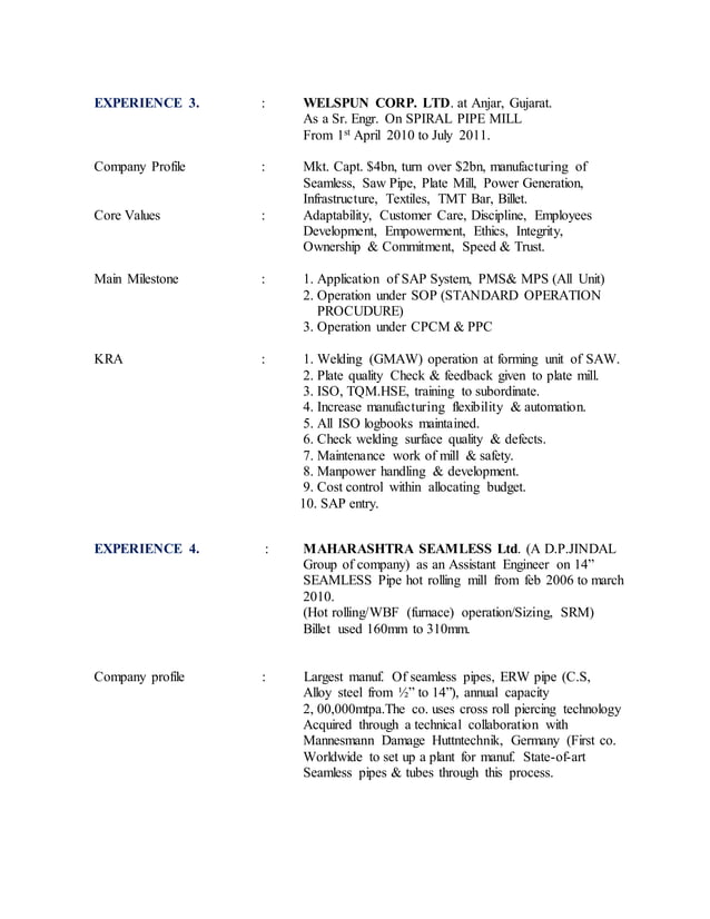 CV - 19 yrs exp at HOT ROLLING MILL operation with DME & MBA in ...