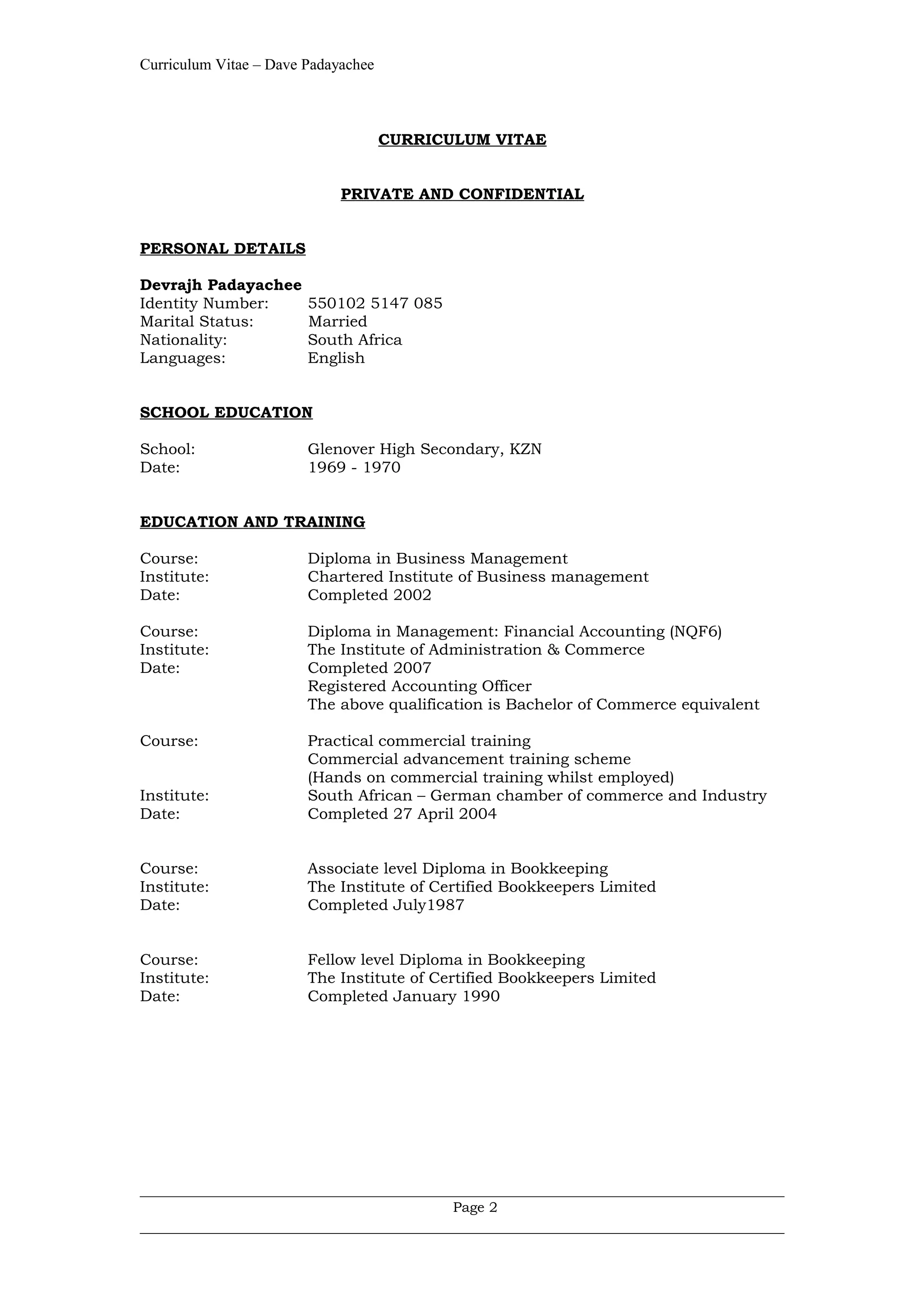 Dave Padayachee CV Current | DOC