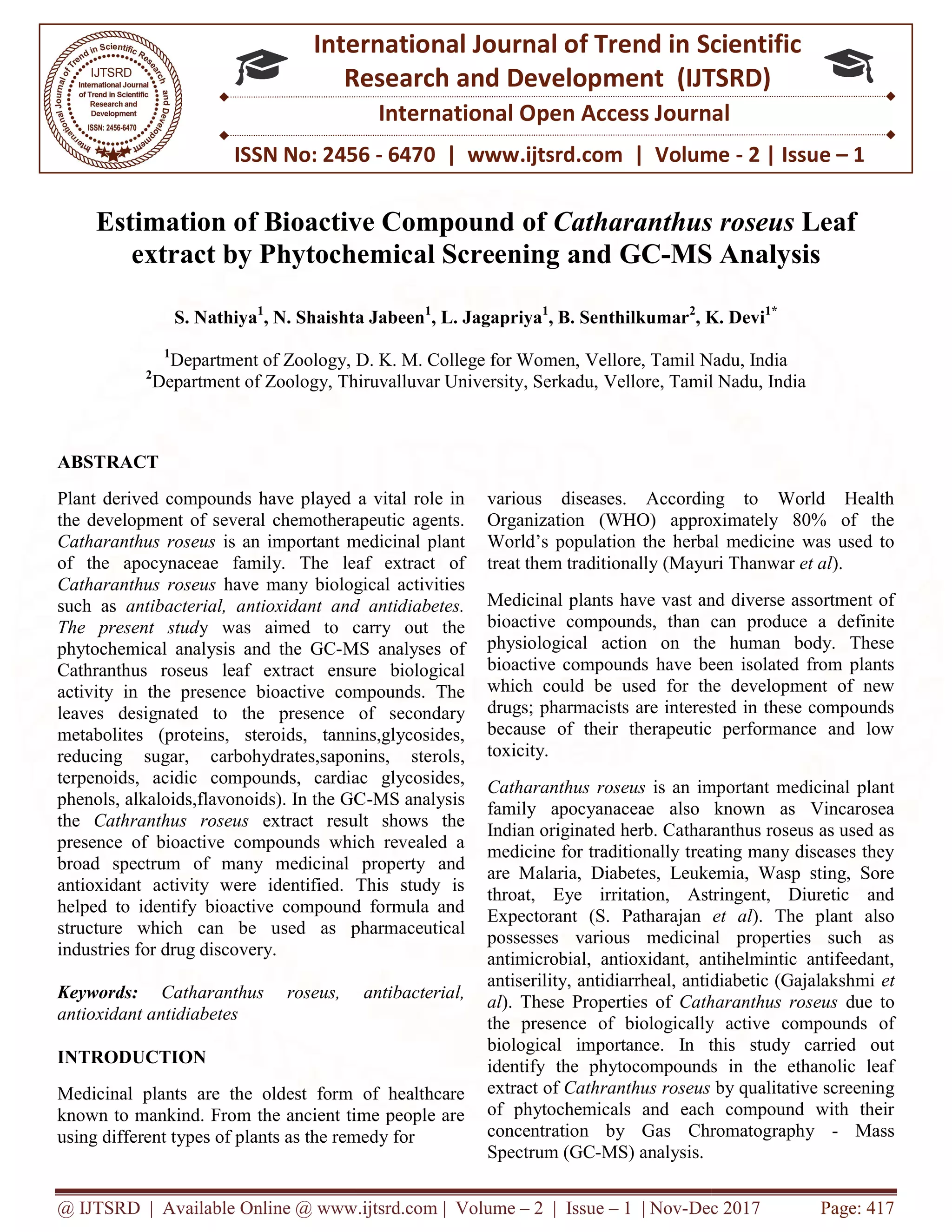 Estimation of Bioactive Compound of Catharanthus Roseus Leaf Extract by Phytochemical Screening ...