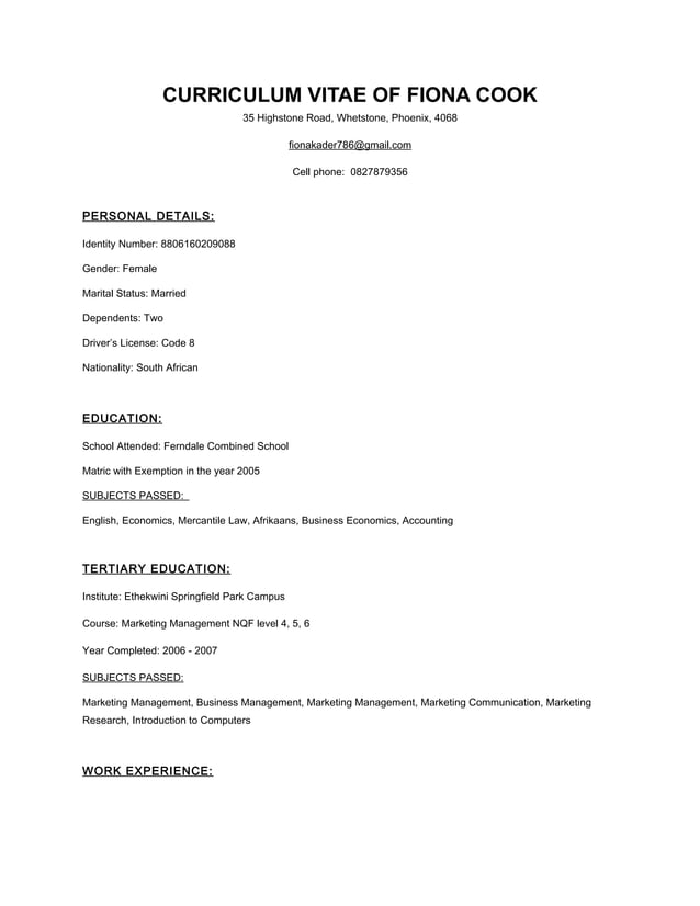 CURRICULUM VITAE OF FIONA COOK - UPDATED 32 FAIS CREDITS | PDF
