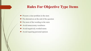 Objective Type Items, Recognition Type Items and Recall Items | PPTX