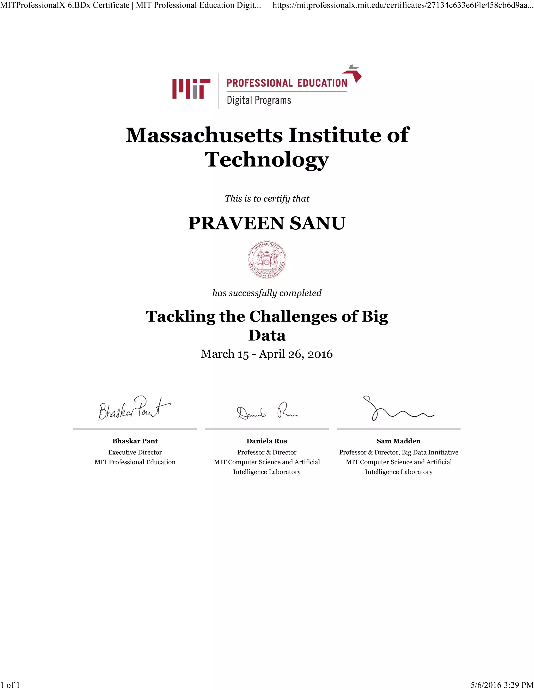 MIT_Big Data Analytics Certificate | PDF