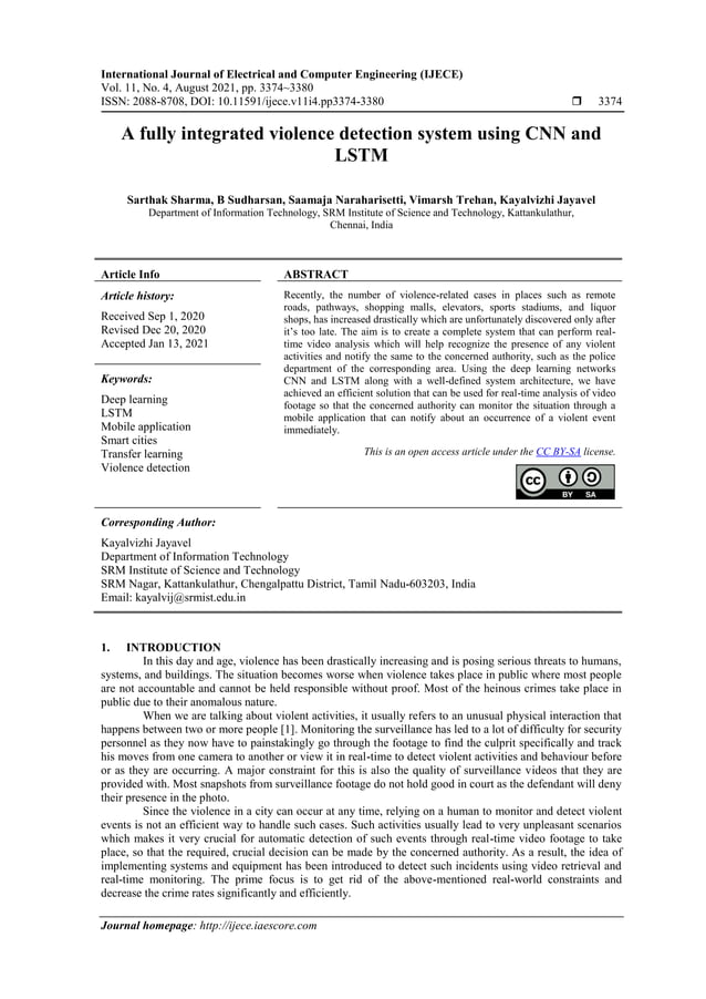 A fully integrated violence detection system using CNN and LSTM | PDF