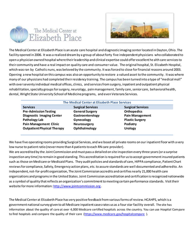 The Medical Center at Elizabeth Place Data Sheet 2016 | DOCX