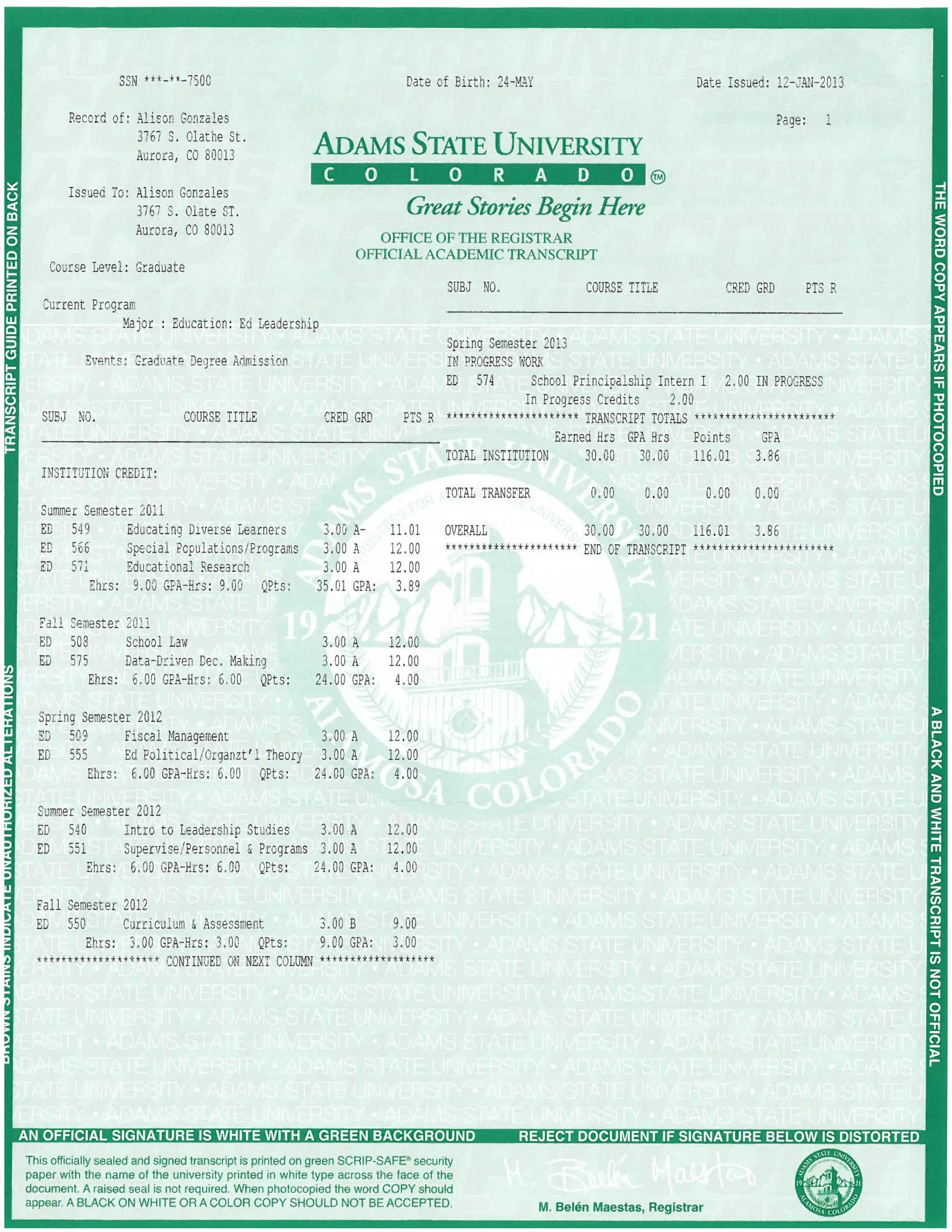 Adams State Transcript Alison Gonzales | PDF