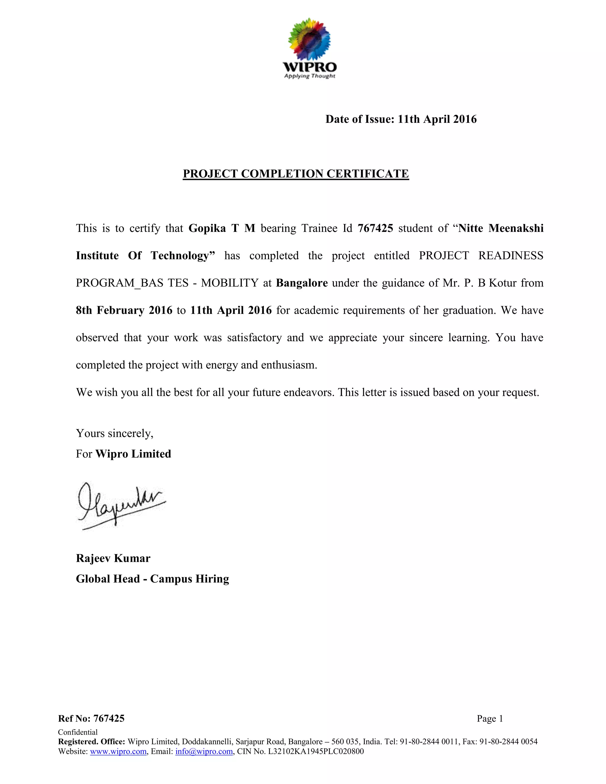 wipro internship certificate | PDF