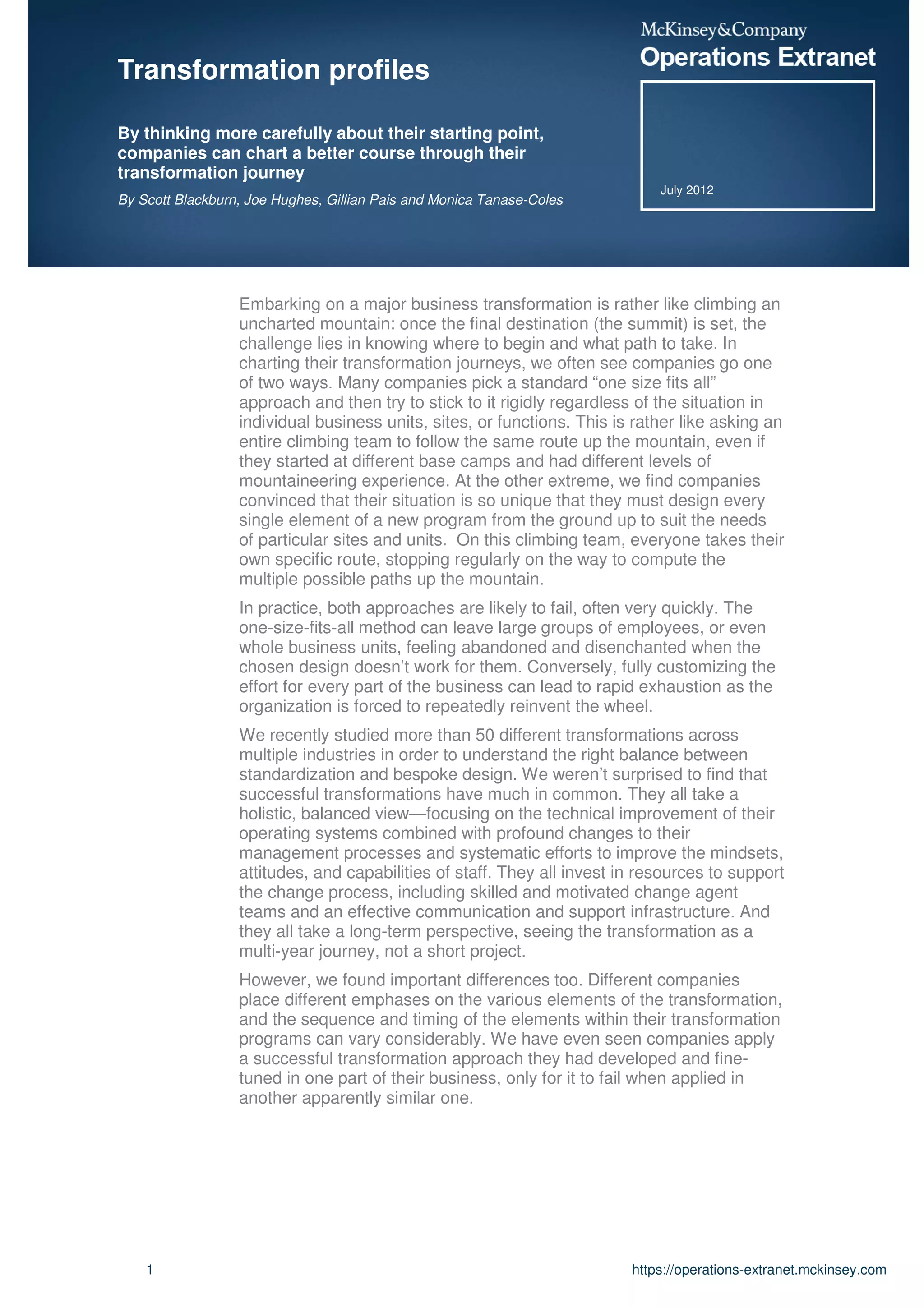 McKinsey 2012 Transformation Profiles | PDF