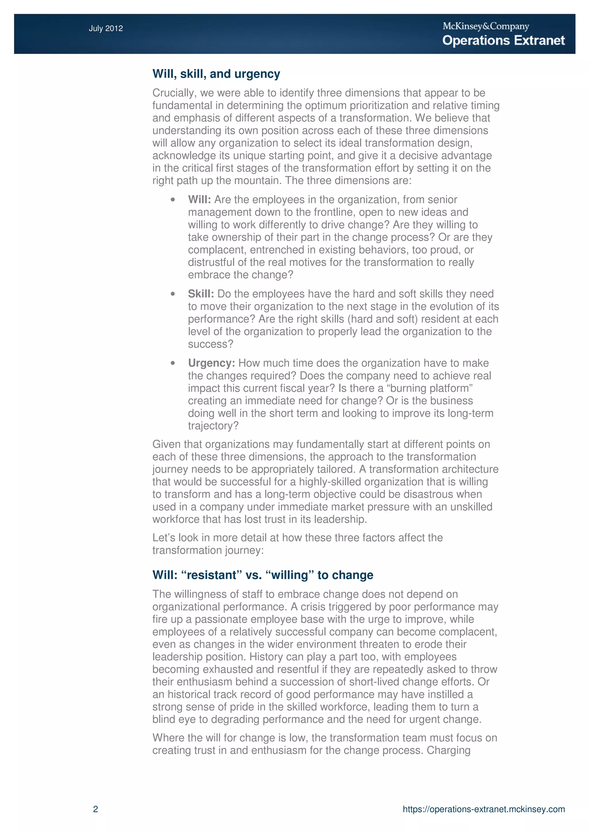 McKinsey 2012 Transformation Profiles | PDF