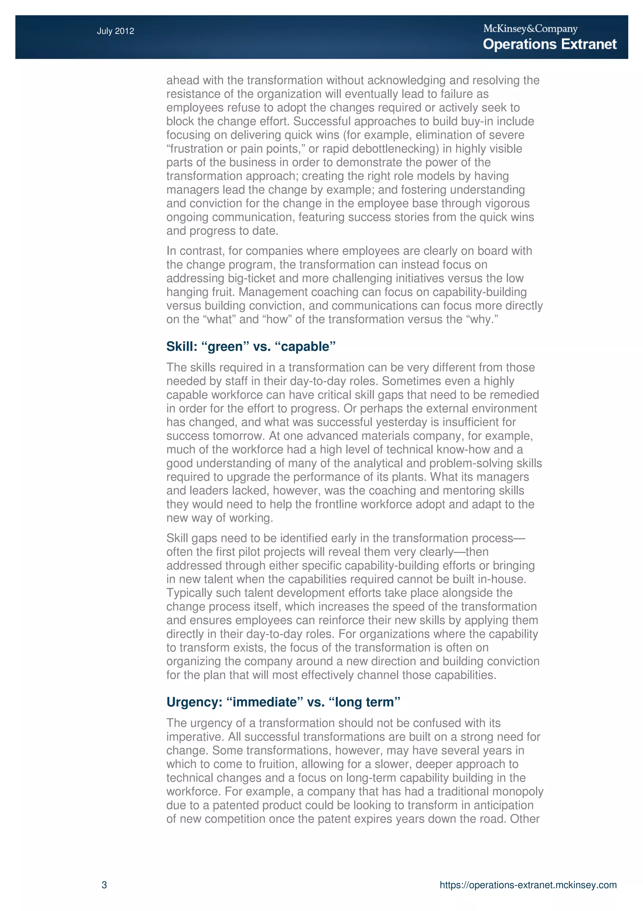 McKinsey 2012 Transformation Profiles | PDF