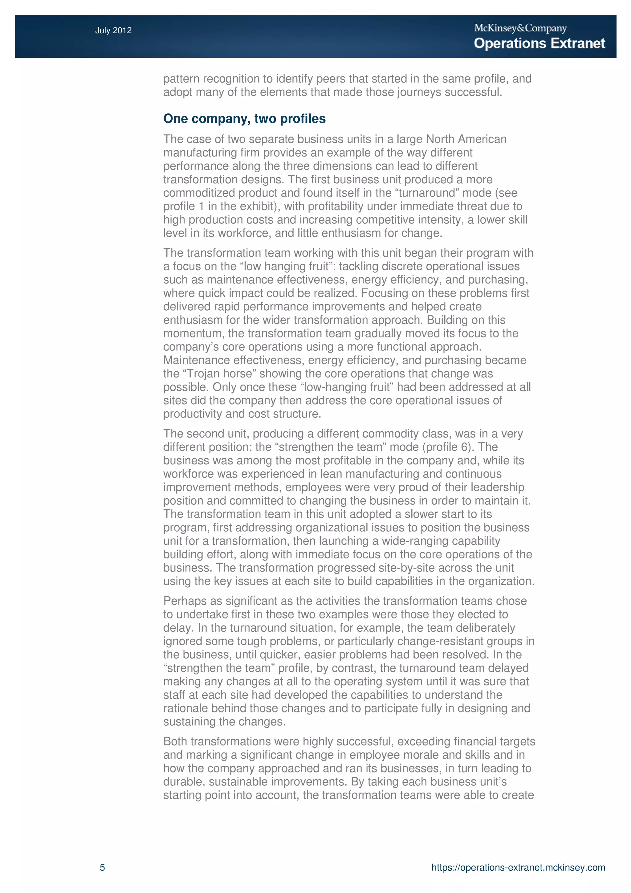 McKinsey 2012 Transformation Profiles | PDF