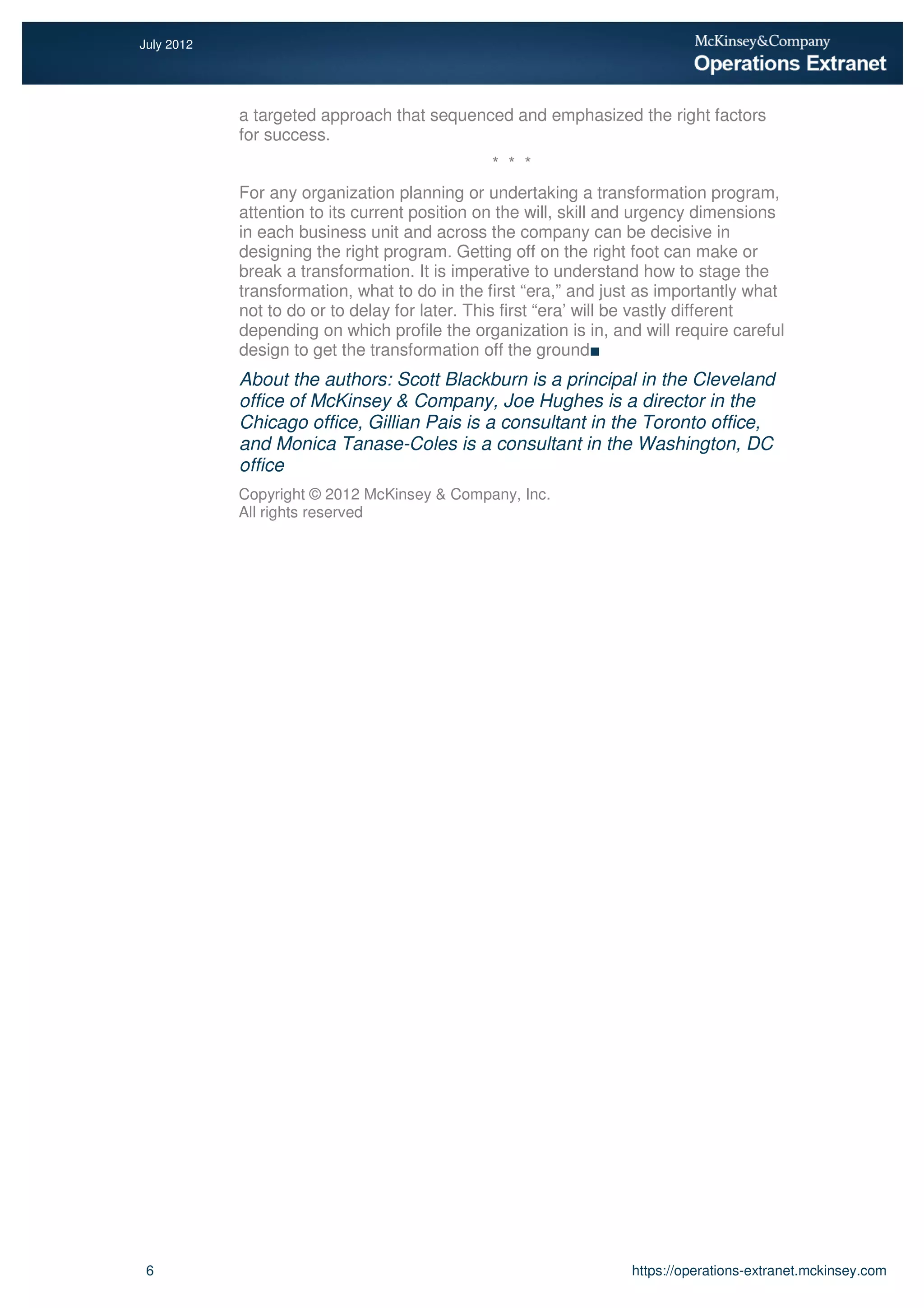 McKinsey 2012 Transformation Profiles | PDF