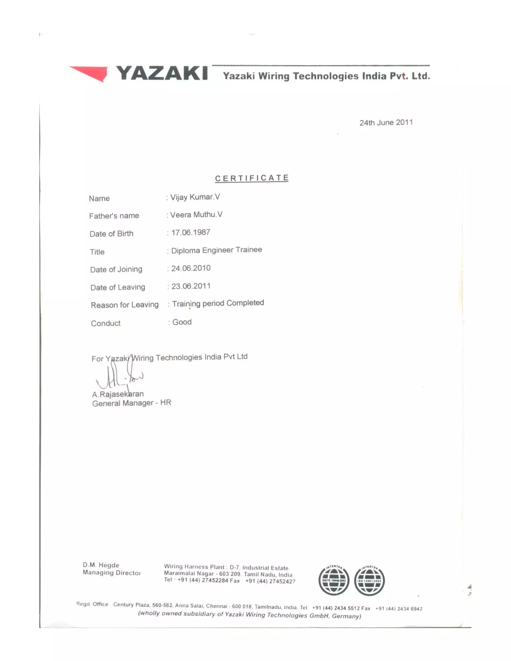 yazaki certificate | PDF