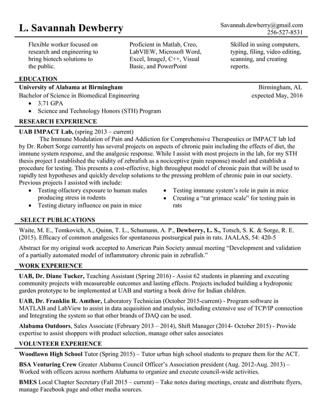 Savannah Dewberry resume 2016(1 page) | PDF