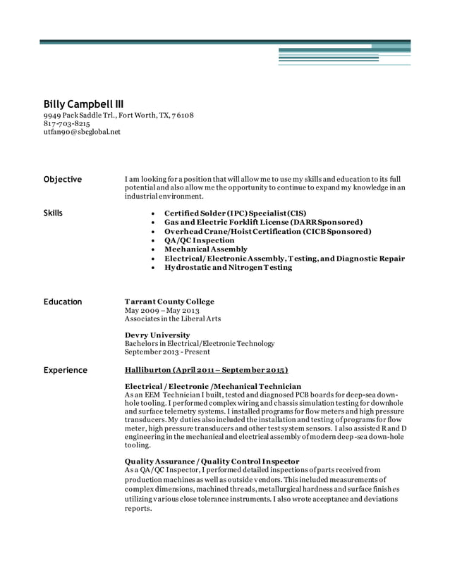 Billy Campbell III resume | DOCX | Mechanical and Industrial ...