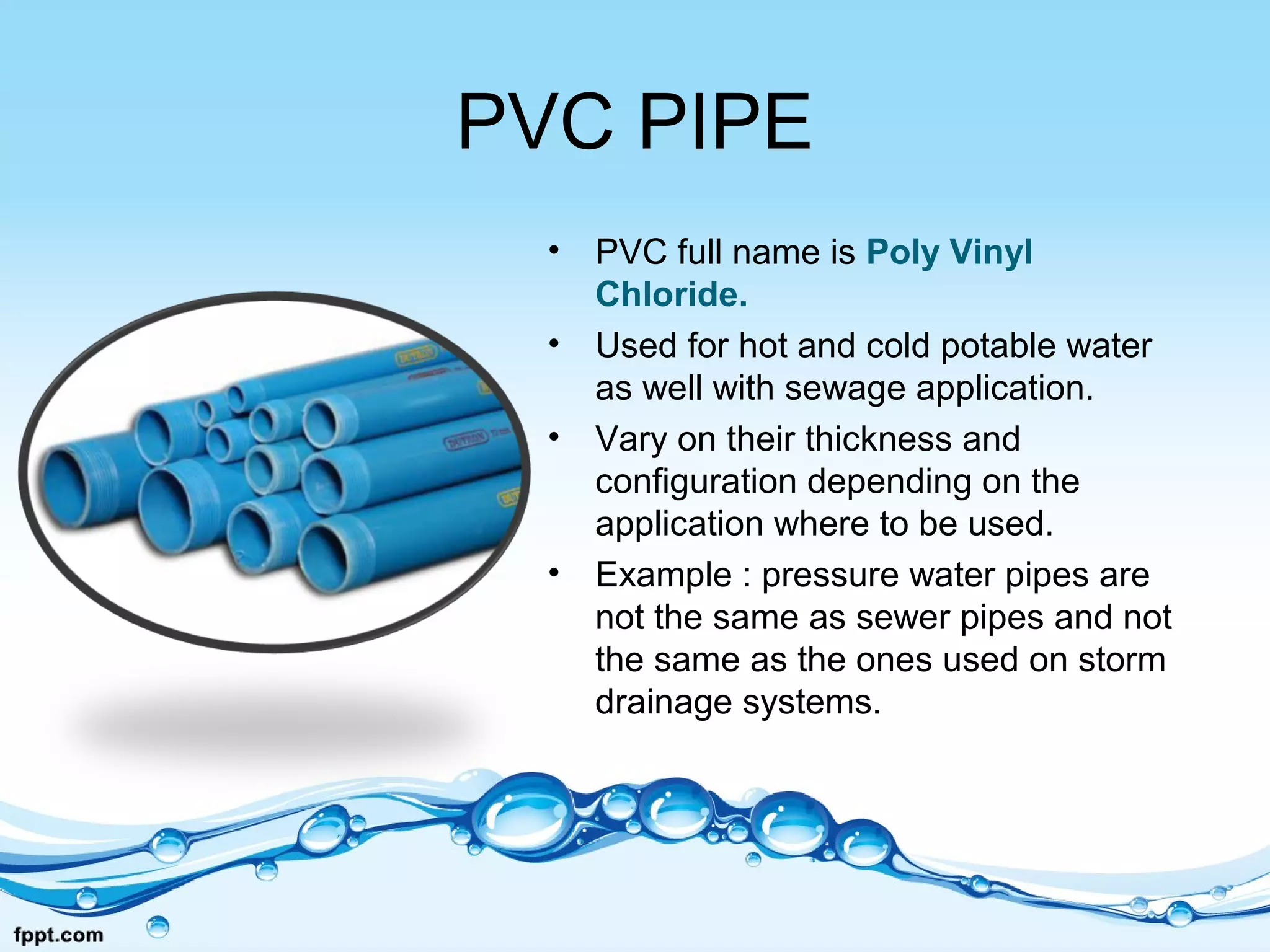 Water Supply Pipes Description | PPT