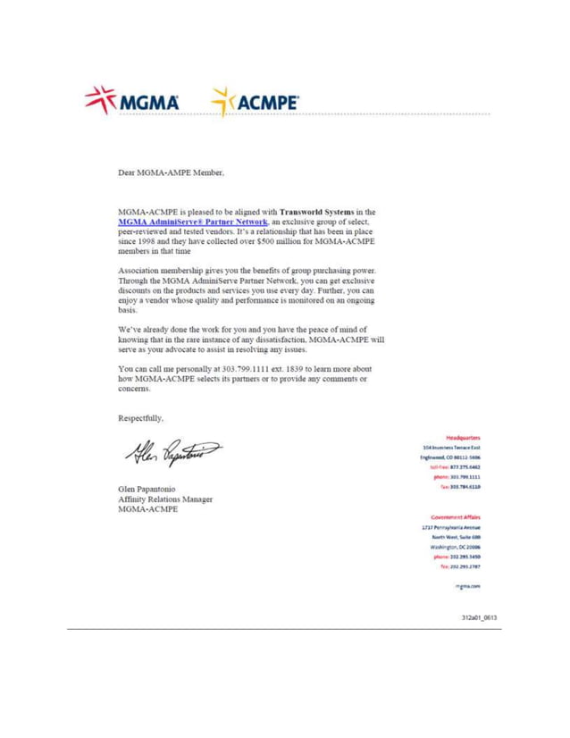 MGMA-ACMPE Letter | PDF