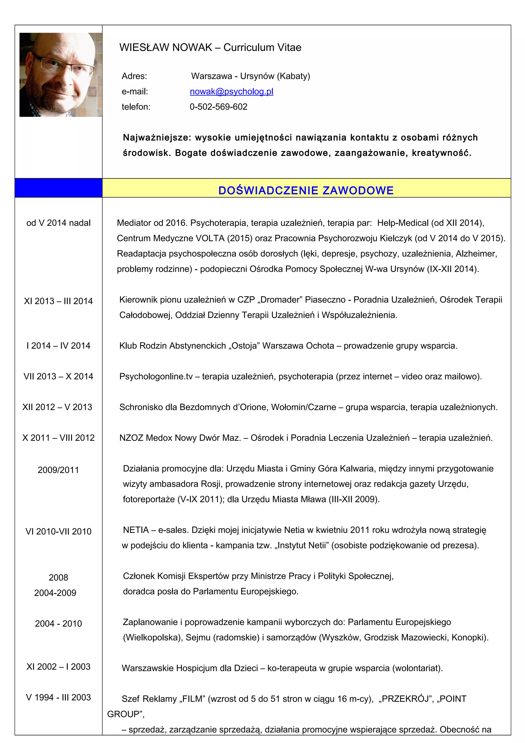 CV - Wiesław Nowak_psycholog_18 X 2016 | PDF